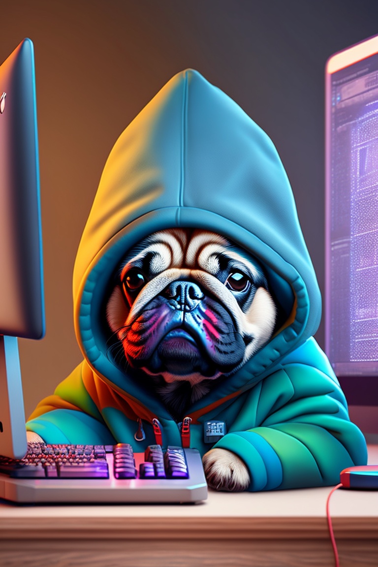 Lexica - A pug gamer in a hoodie, sitting by a trading computer ...