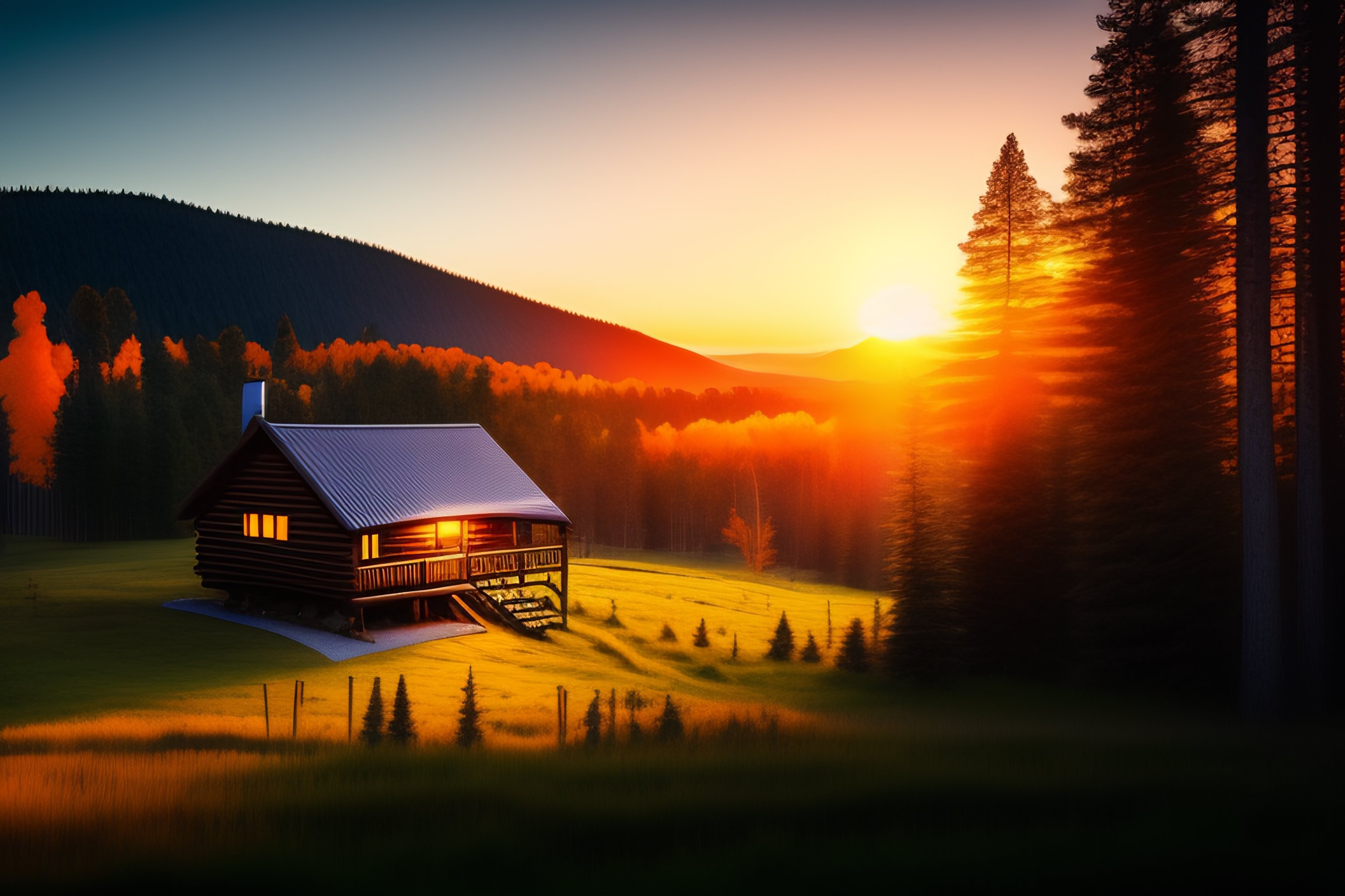 Lexica - Cabin in the forest with sunset