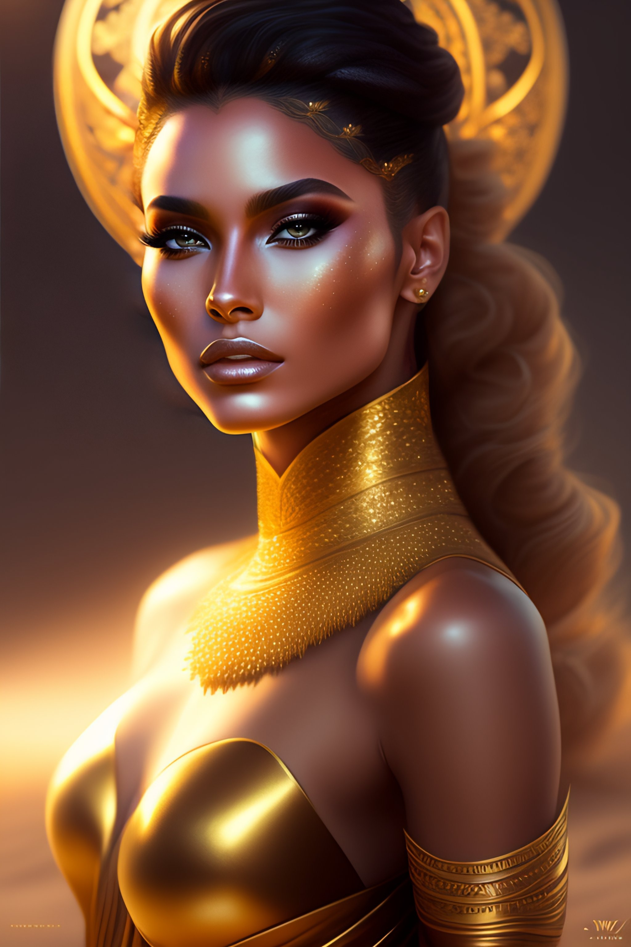 Lexica - A beautiful cinematic female sand goddess, golden dress, glow ...