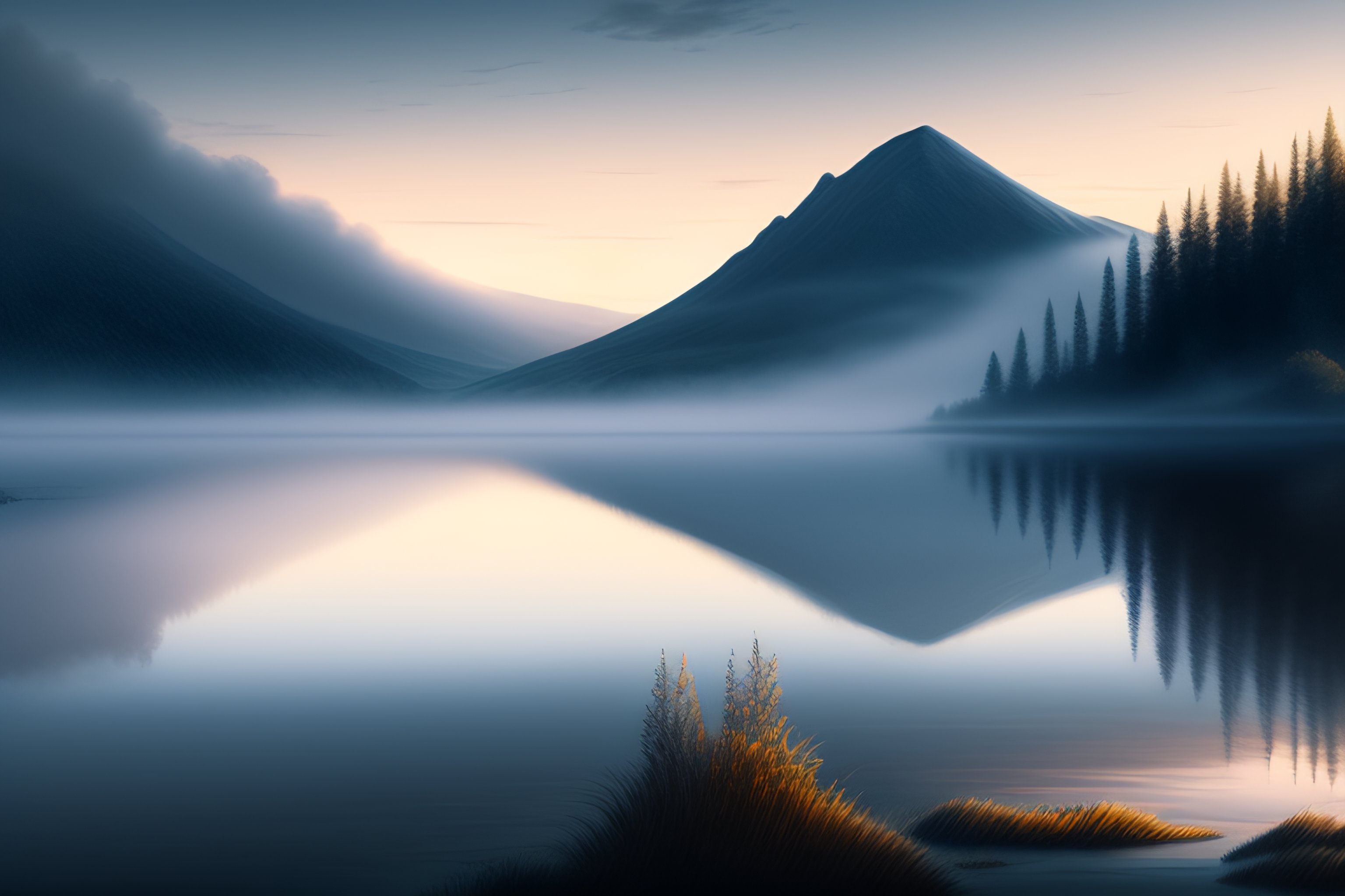 Lexica - A hand-drawing of a beautiful landscape with a lake, some fog ...
