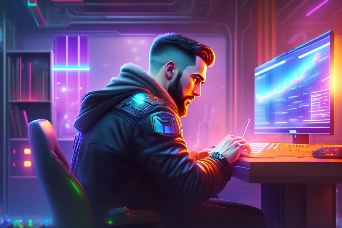 Lexica - Realistic successful man coding on a laptop in the gaming room ...