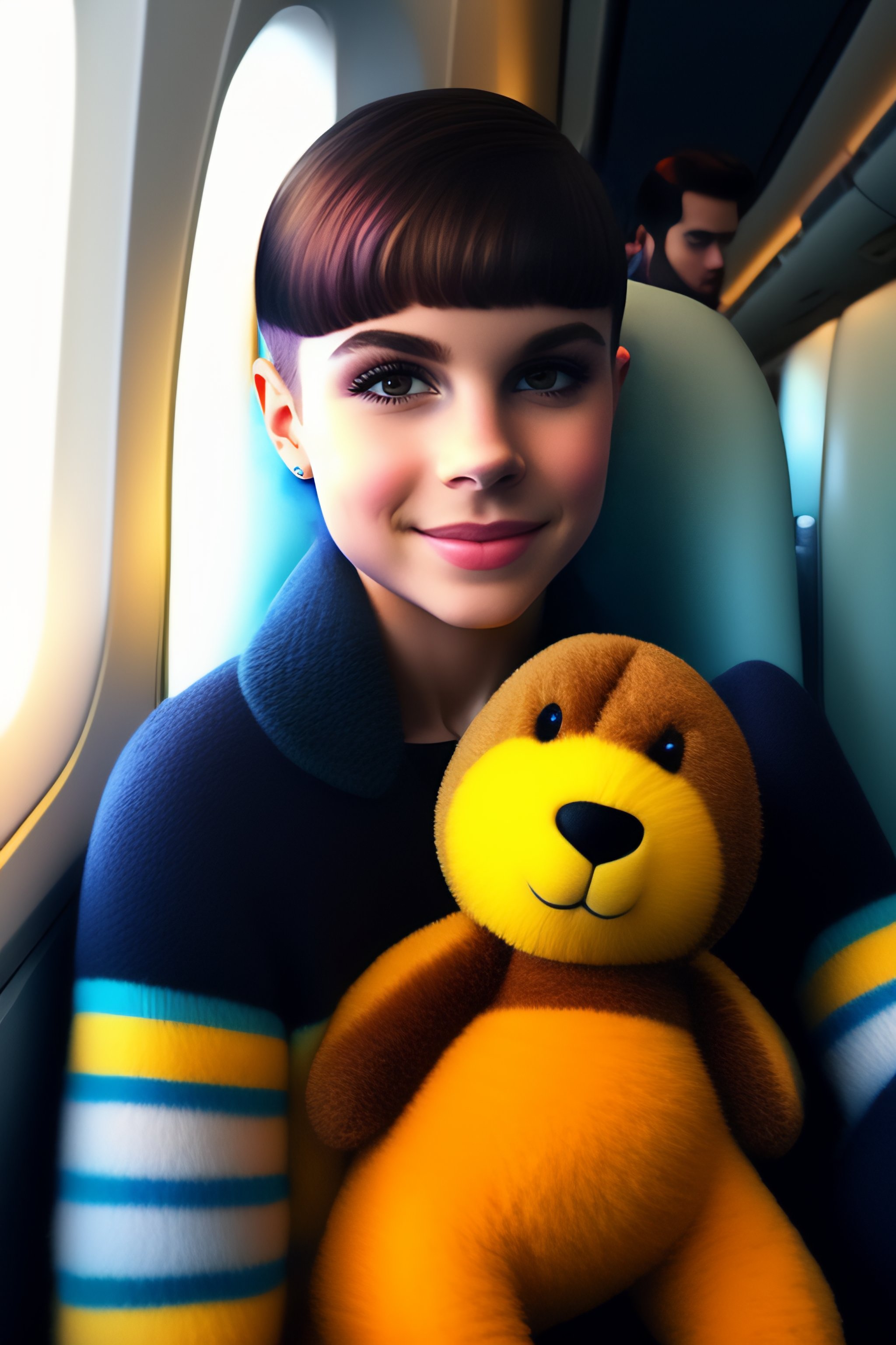 Lexica - Younger sami gayle in first class on an airplane with a plush ...