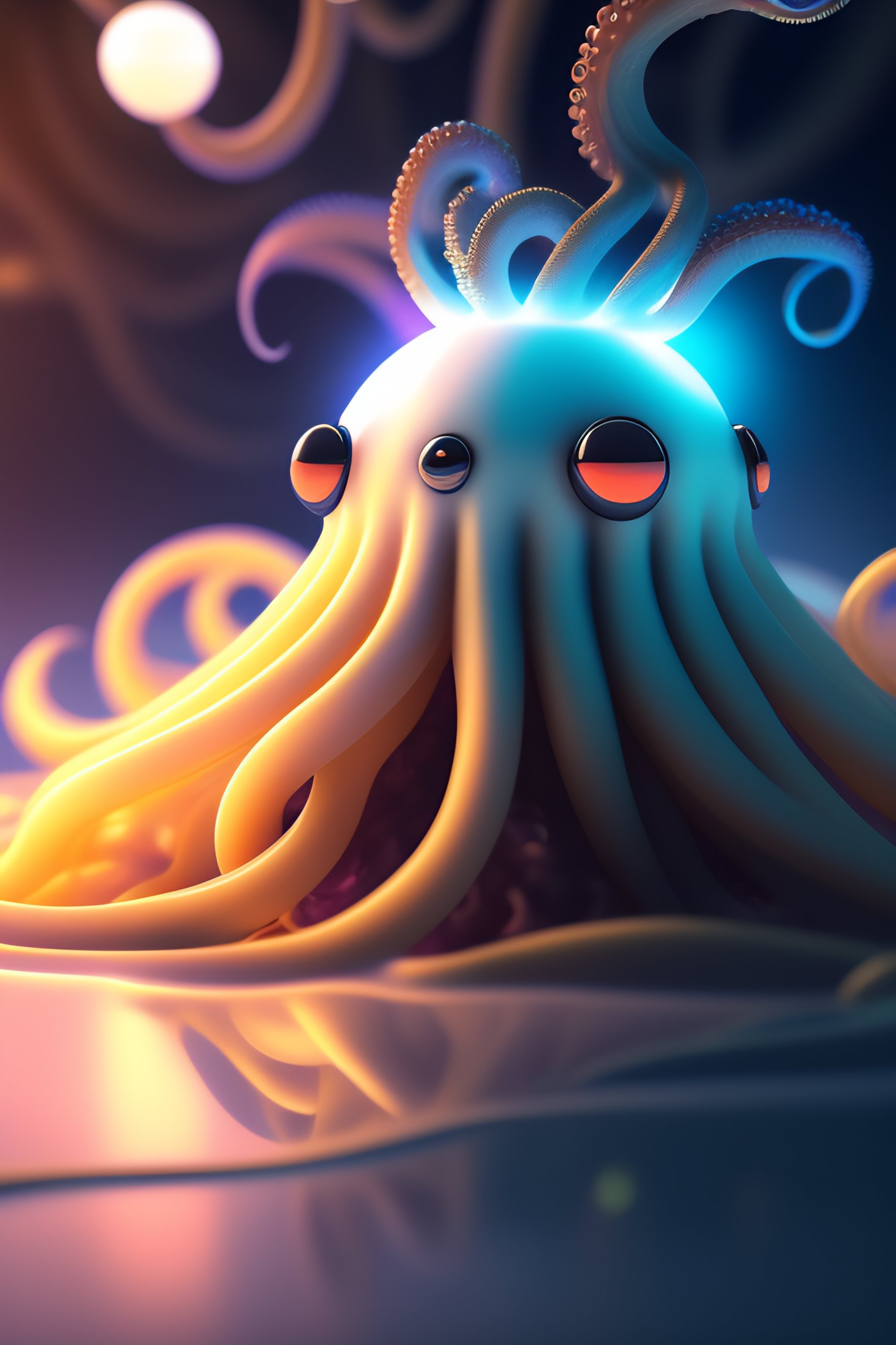 Lexica - 3D octopus monster with 3 white-light orbs for eyes, tentacles ...