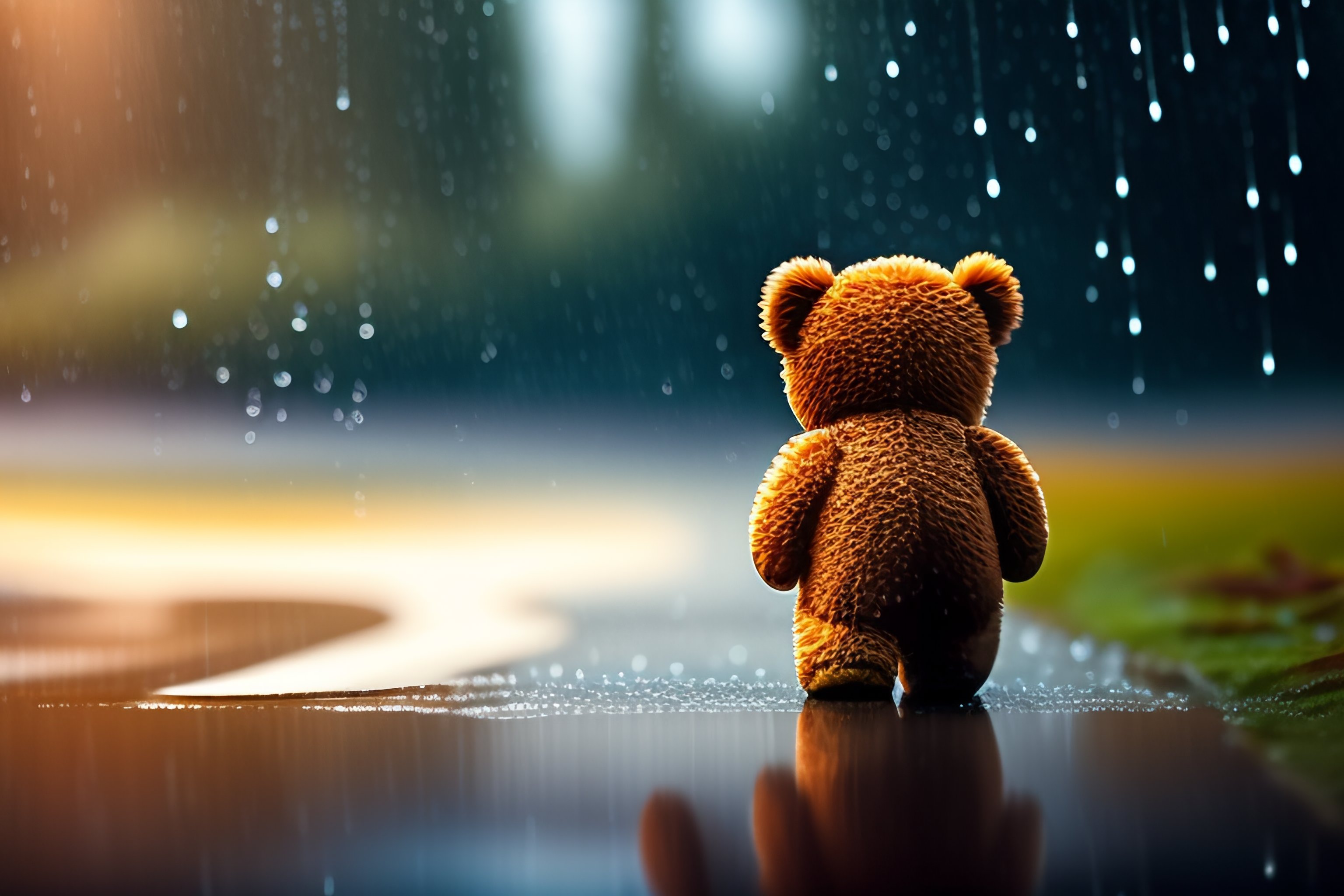 Lonely Teddy Bear In Rain