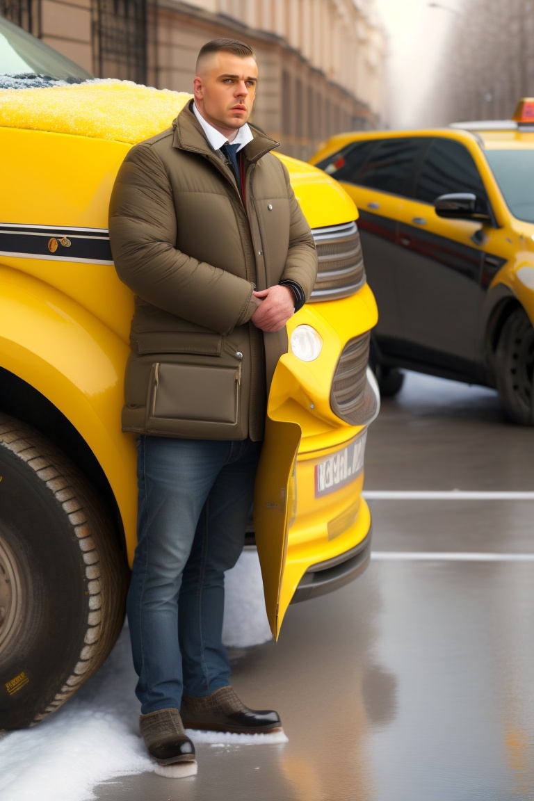 Lexica - A Russian taxi driver stands by his yellow car, which has a ...
