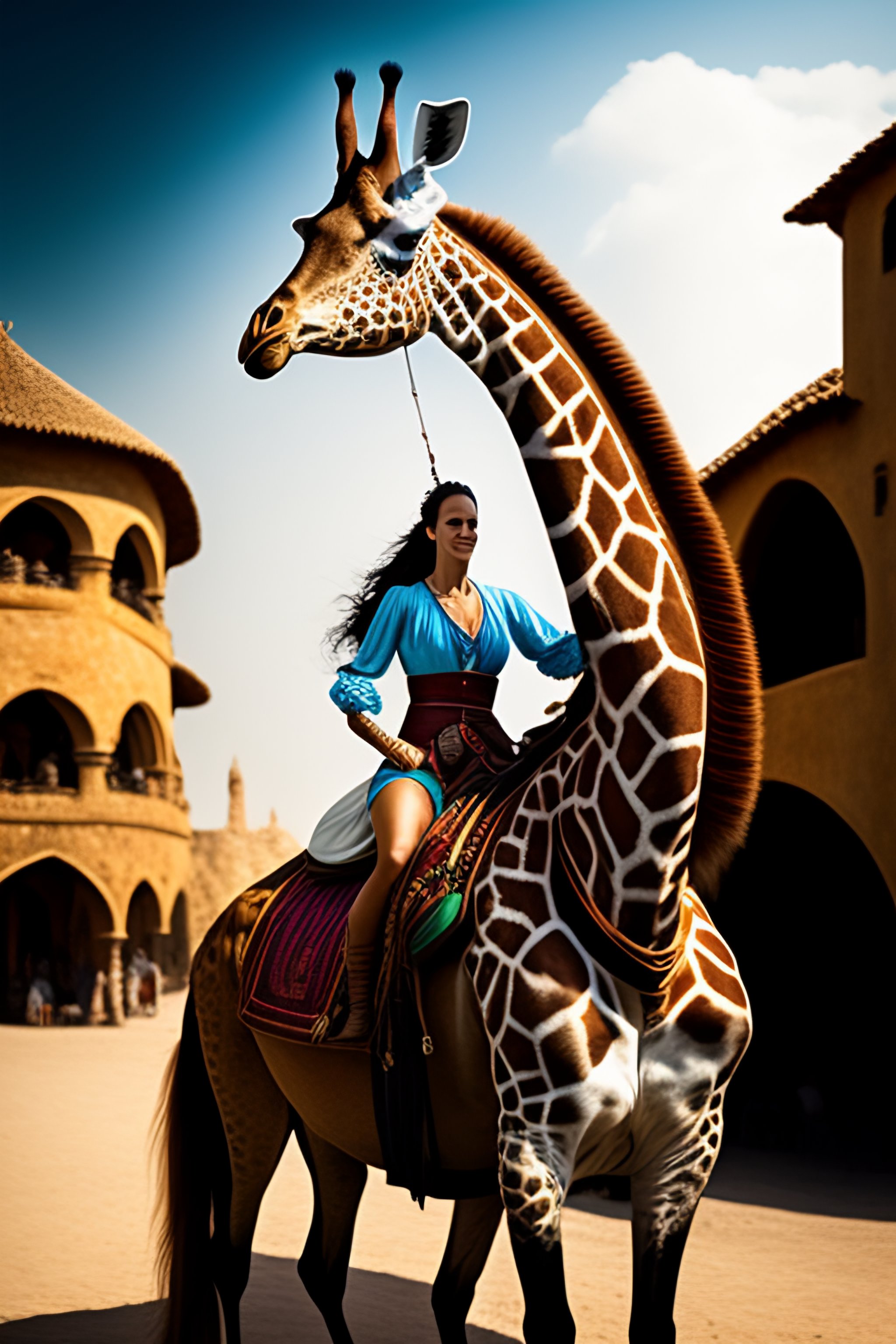 Lexica - Marta Gastini in medieval style riding a giraffe