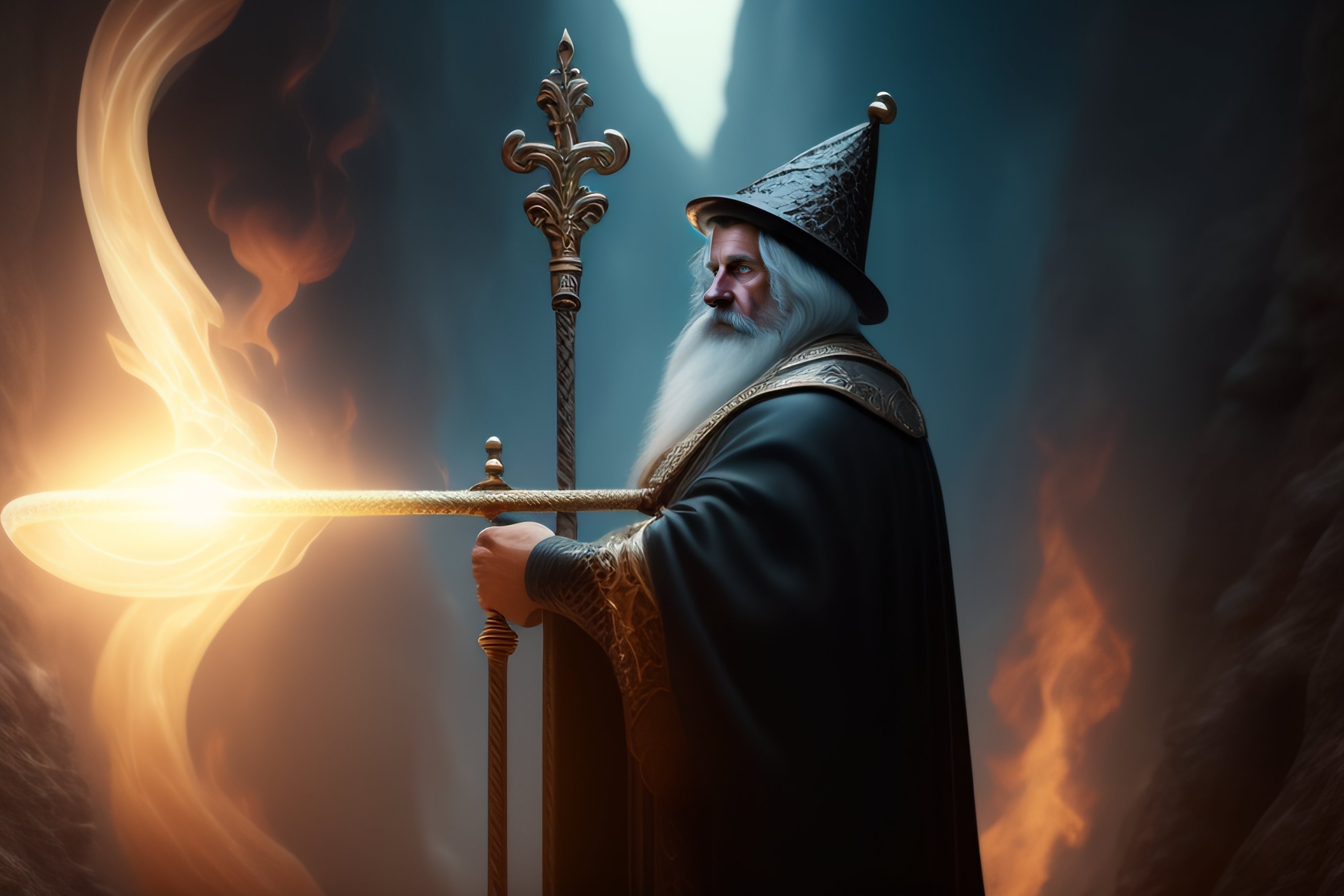 Lexica - One Greek wizard in dark robe hold a staff that has a white ...