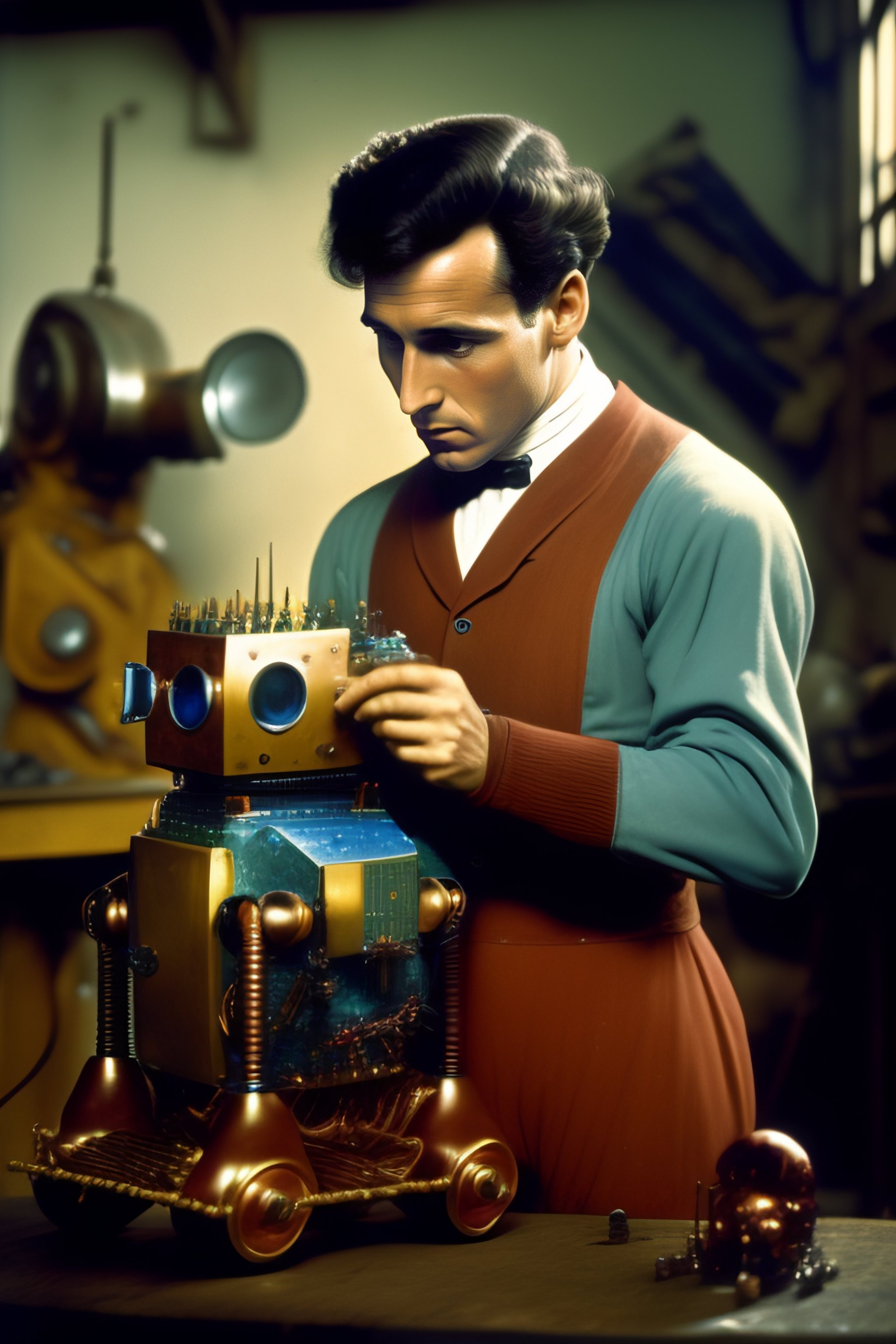 Lexica - A photo of messi building a robot by Philippe Halsman, setting ...