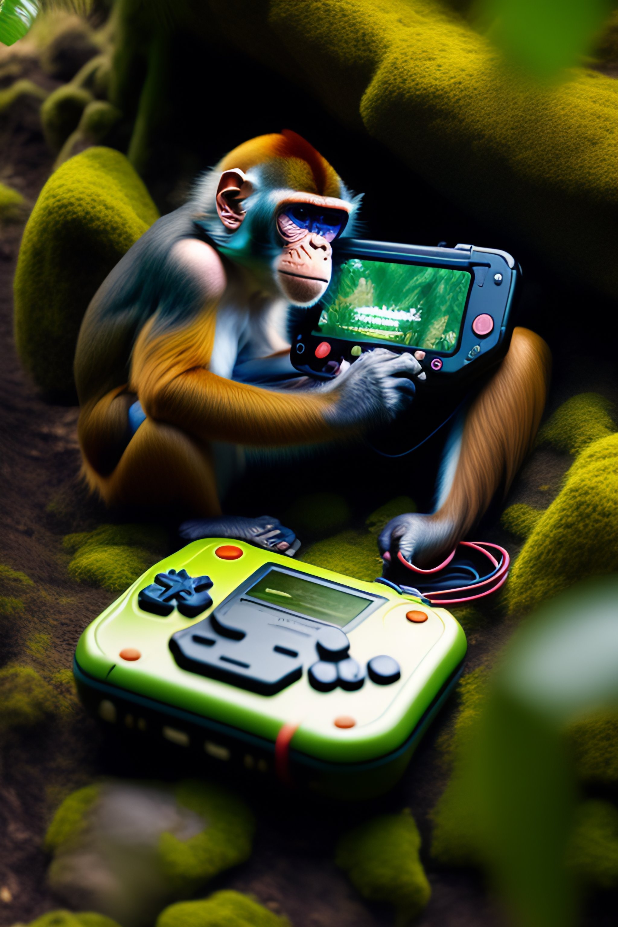 Lexica - A monkey playing a gameboy in the jungle