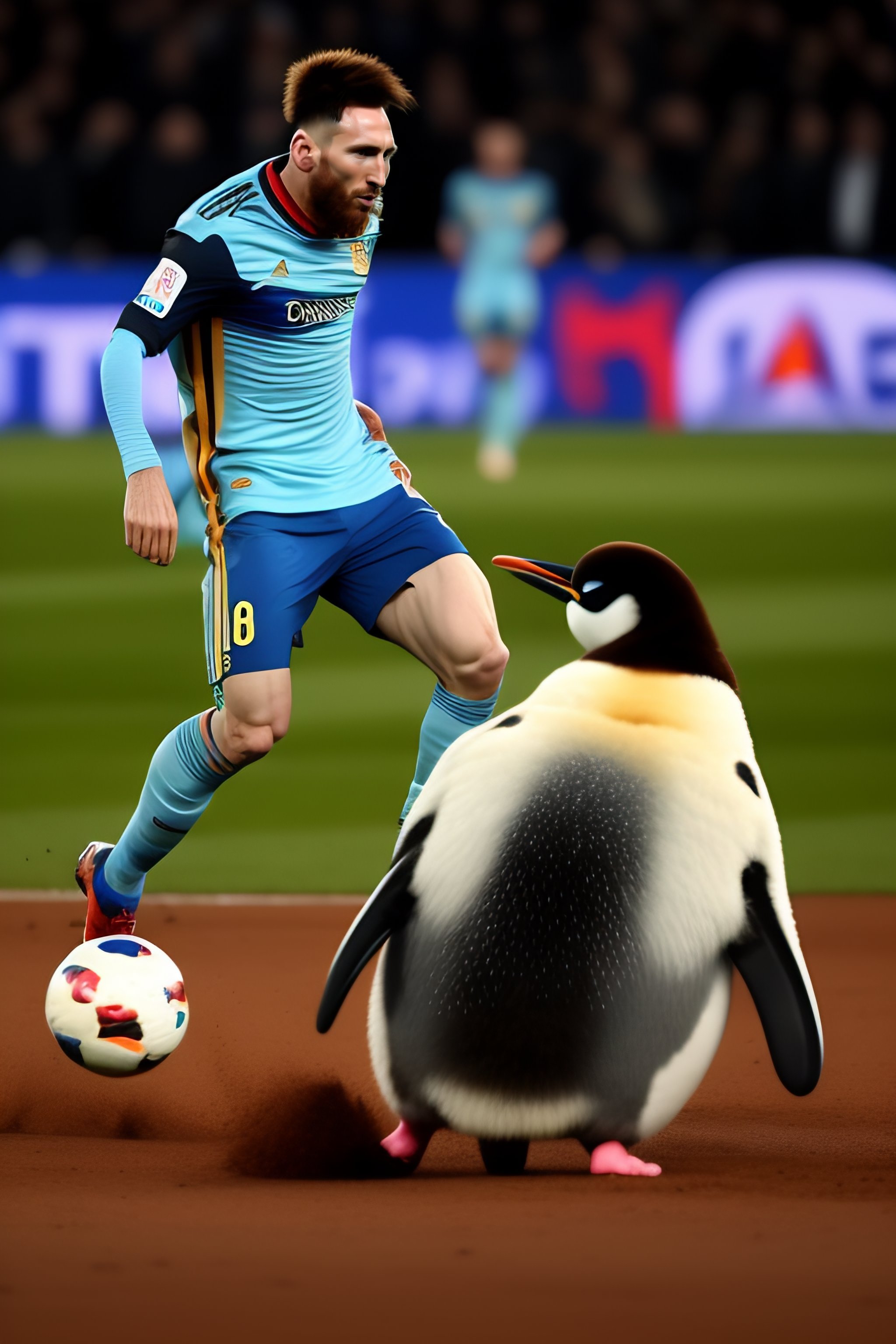 Lexica - Messi fighting with penguin at sahara
