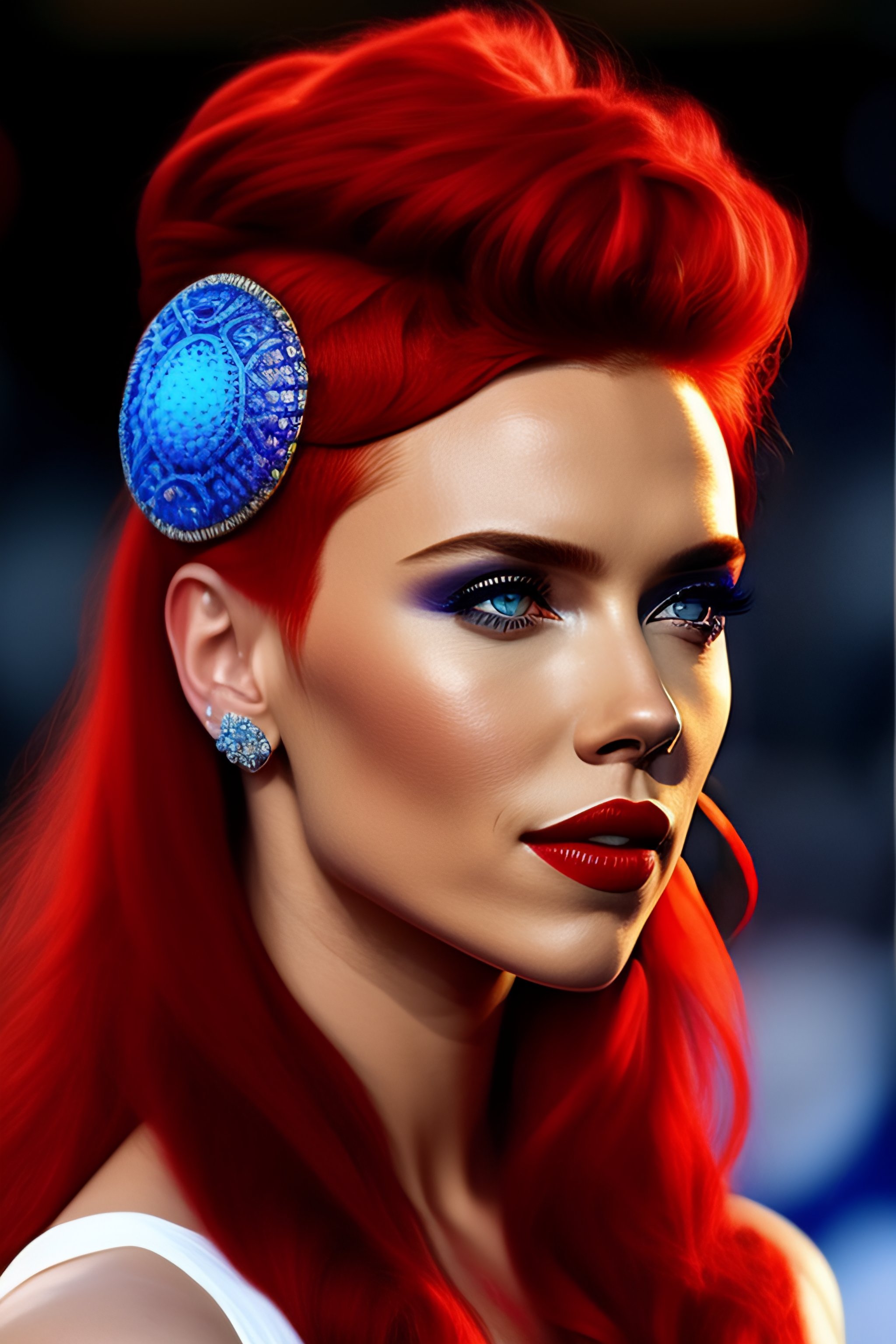 Lexica - Scarlett Johansson, blue scaly skin,red hair, skull circlet