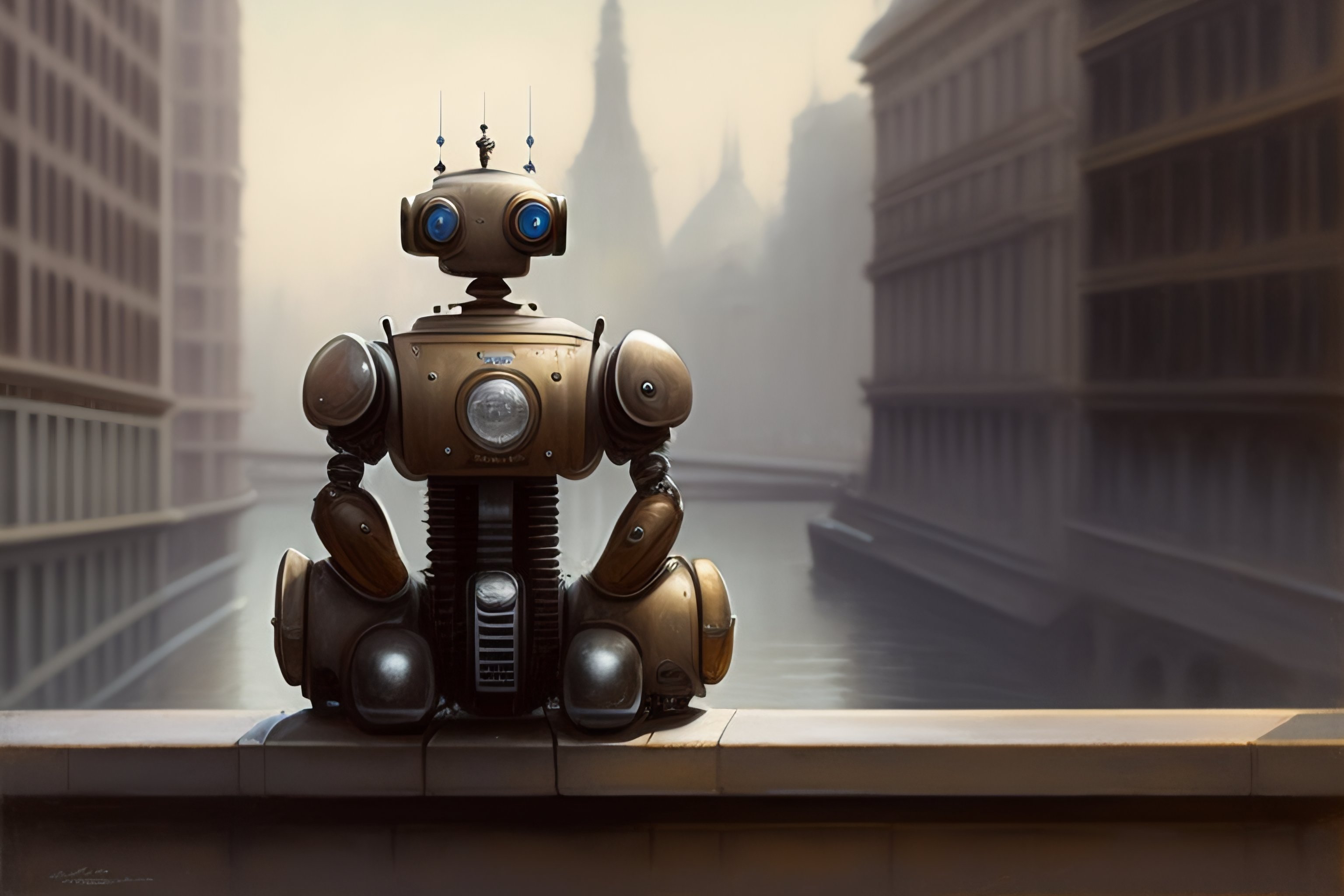 Lexica - (((((1950s robot sitting on a ledge, muted colors, ))))) by ...