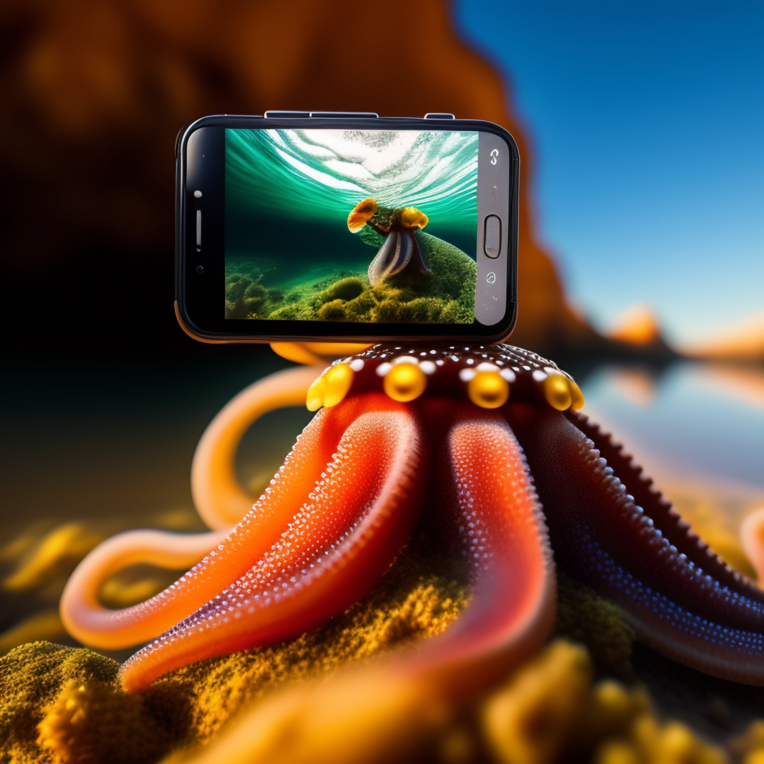 Lexica - National geographic photo of a octopus using a smartphone