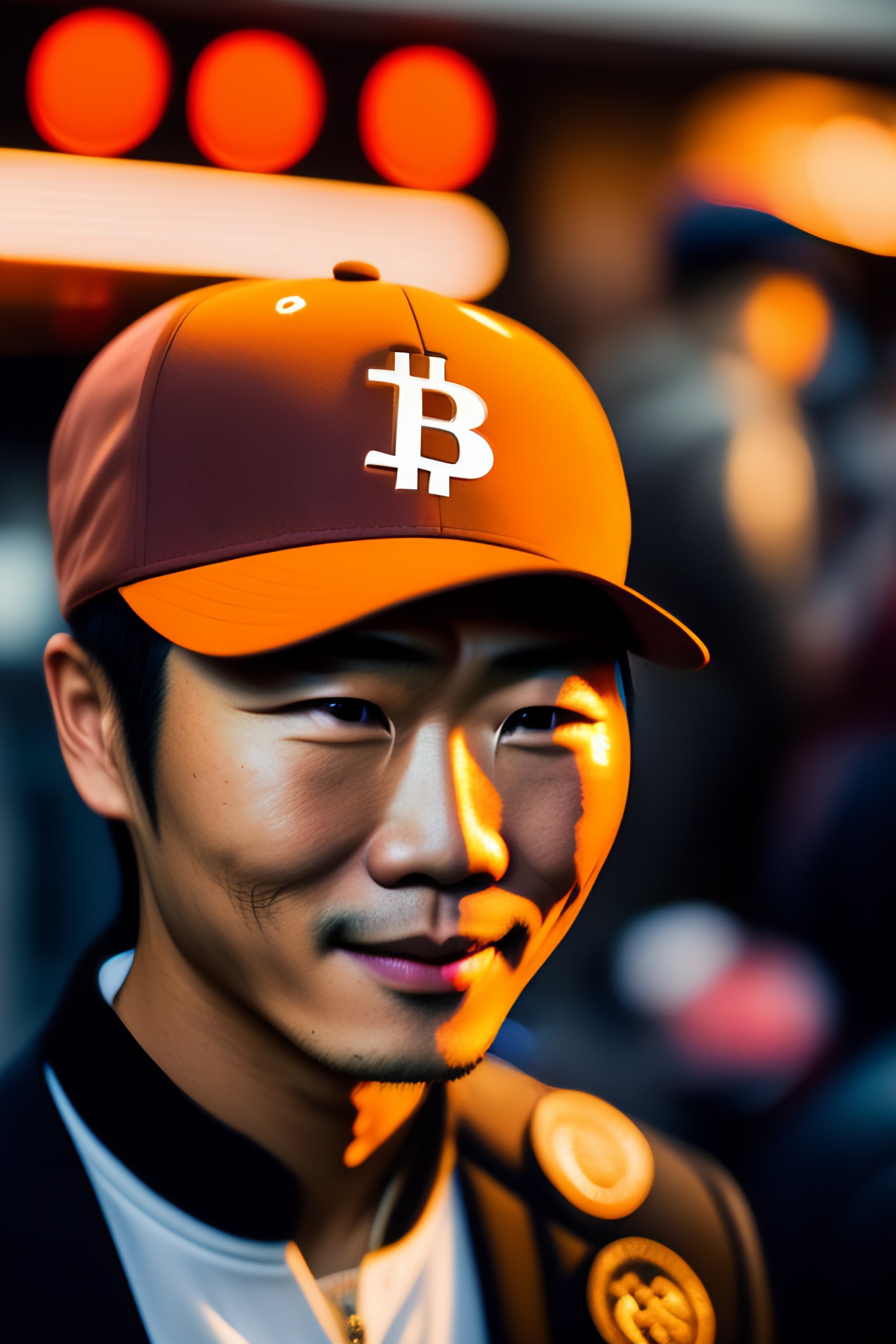 Lexica - ASIAN GUY WEARING A HAT WITH A BITCOIN LOGO ON IT IN TOKYO. IN ...