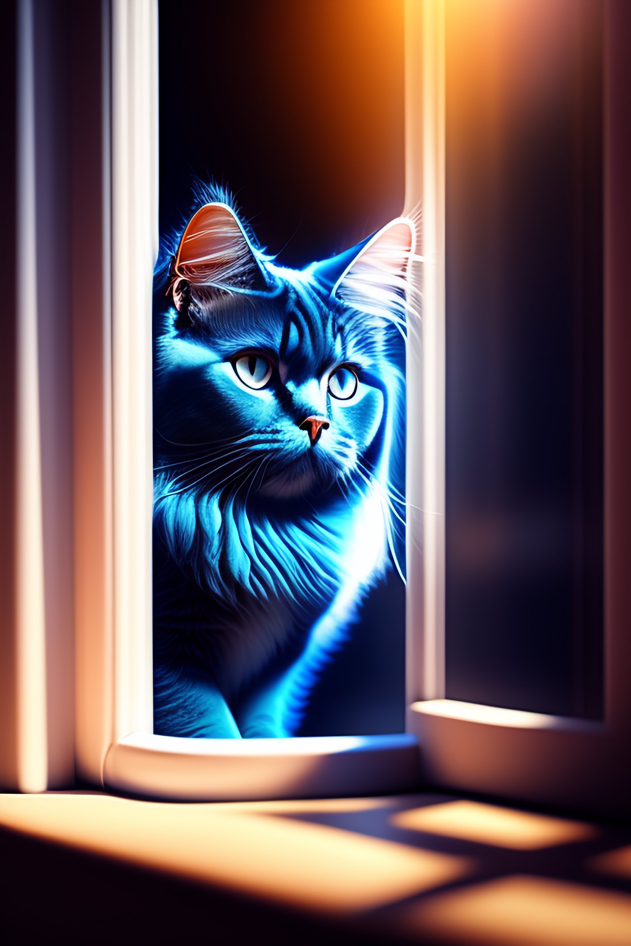 Lexica - Persian cat looking through the window blue lights