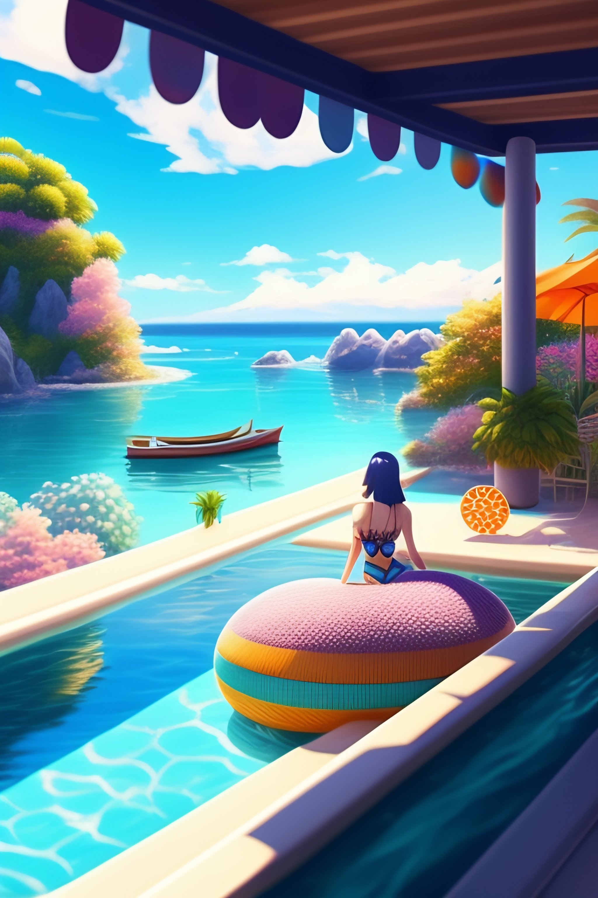 Lexica - Knitted scene of a beautiful anime girls in bikinis at a pool ...