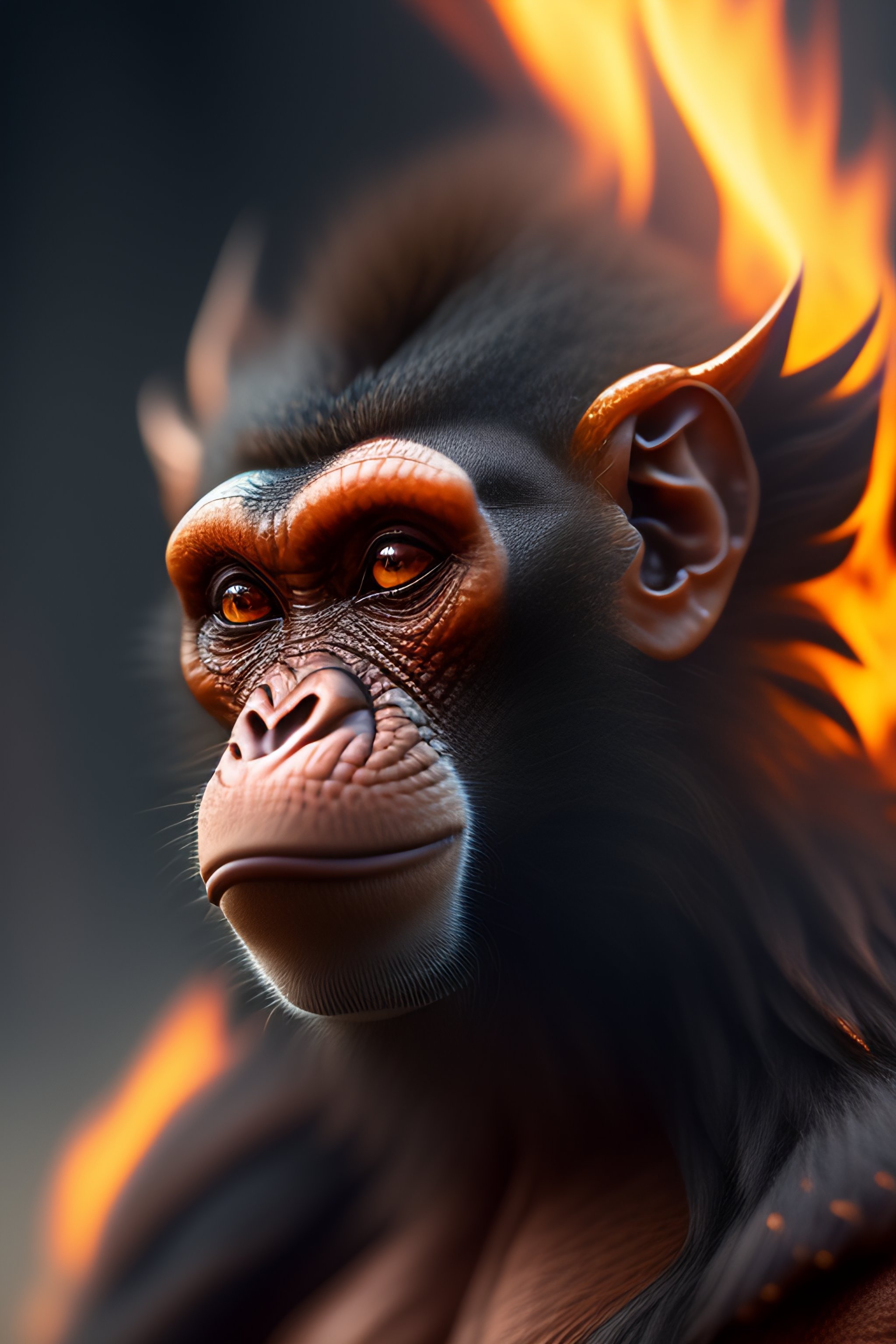 Lexica - Close up portrait of a hybrid anthropomorph fire demon monkey