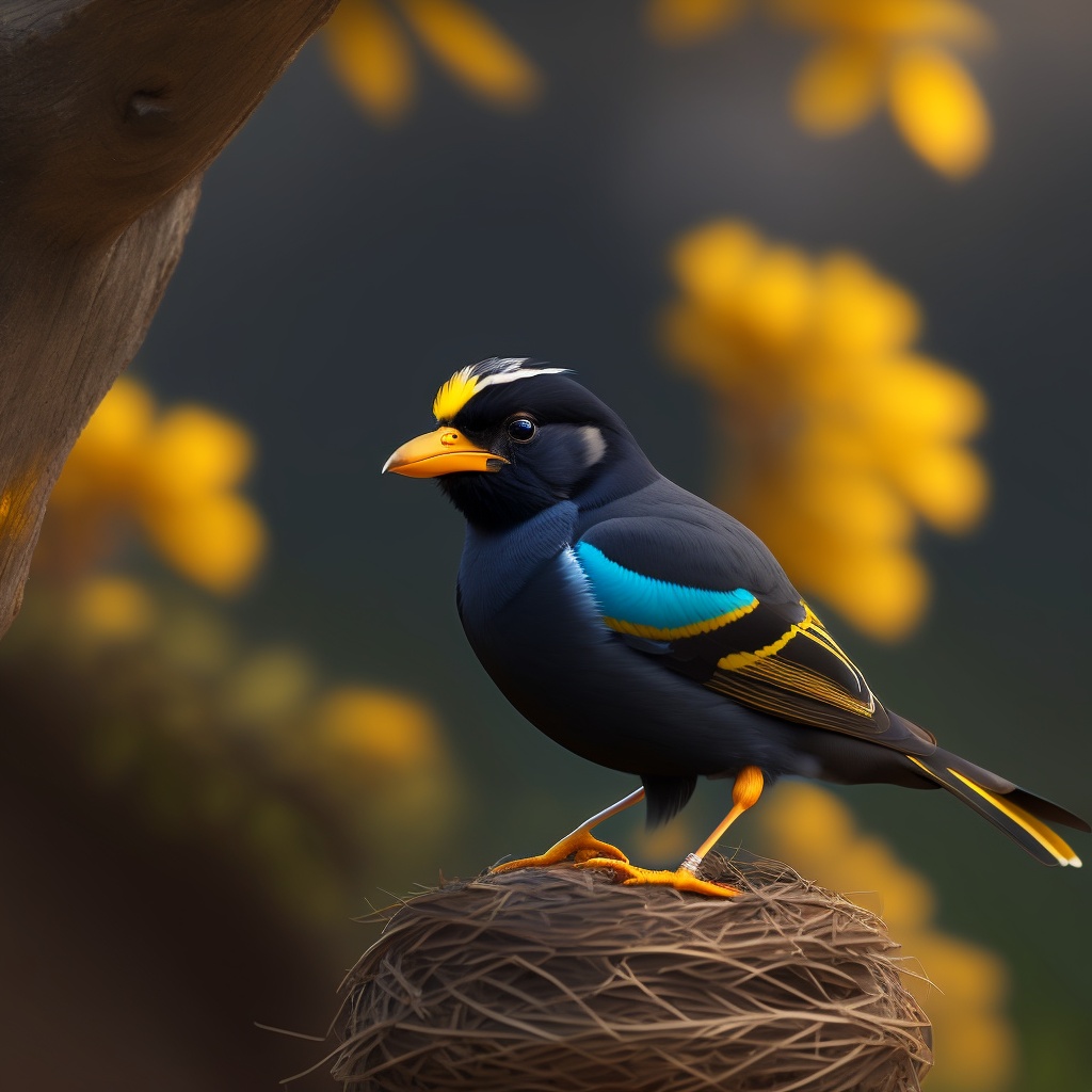 Lexica - Whole black myna bird yellow beak, yellow eye rims, raising ...