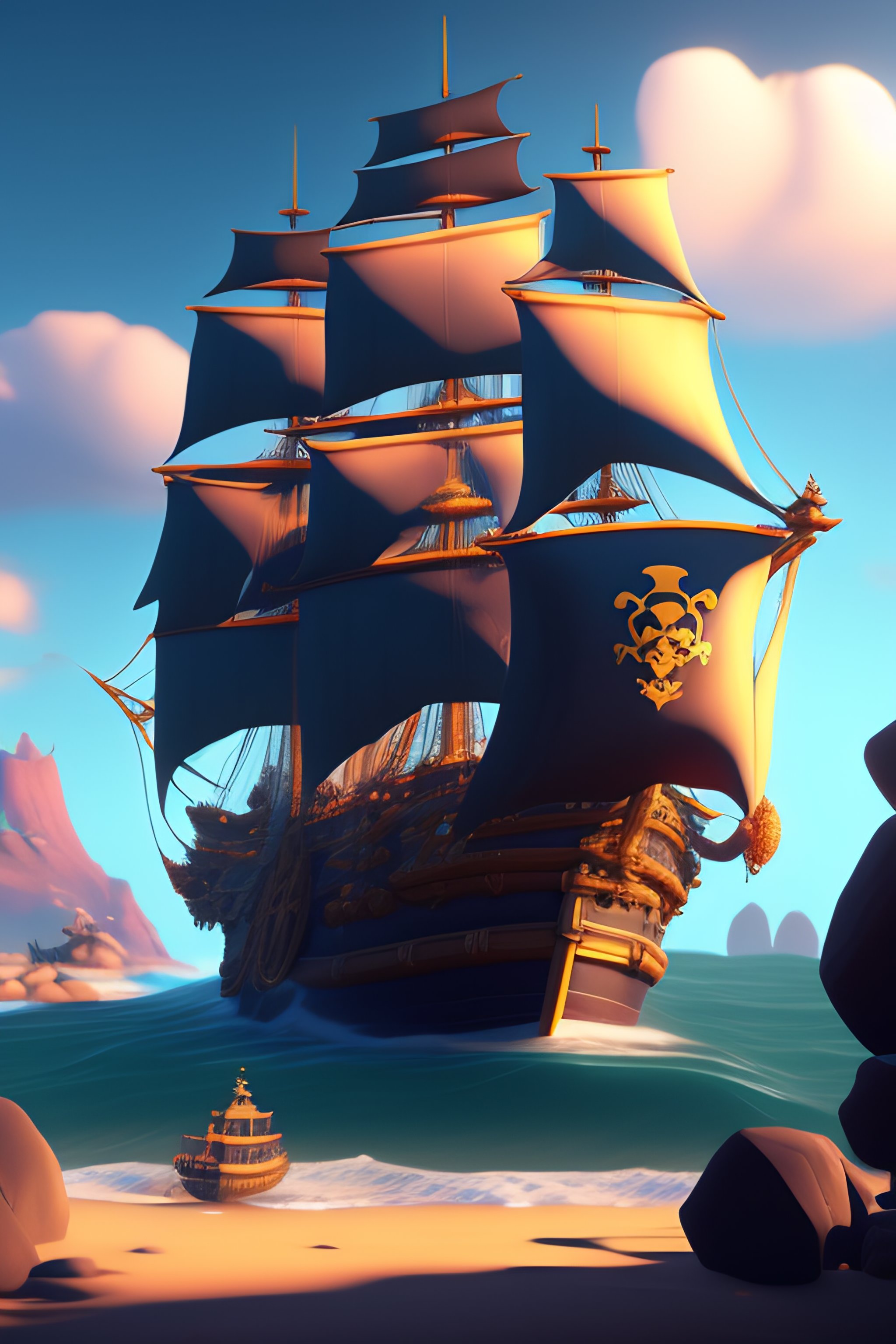 Lexica - Pirates on a ghost ship with the Jolly Roger flag in the ocean ...