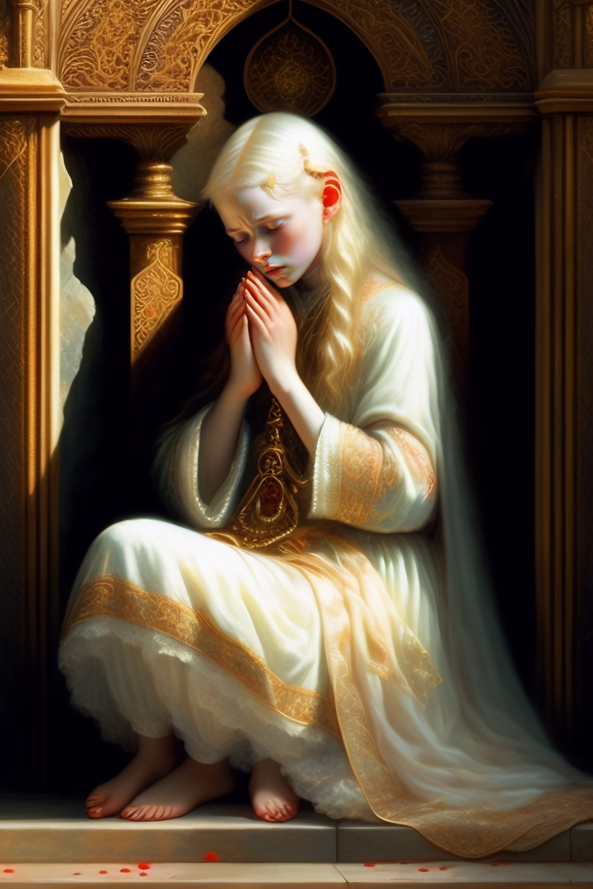 Lexica - 12 years old crying albino vampire female in a temple sitting ...
