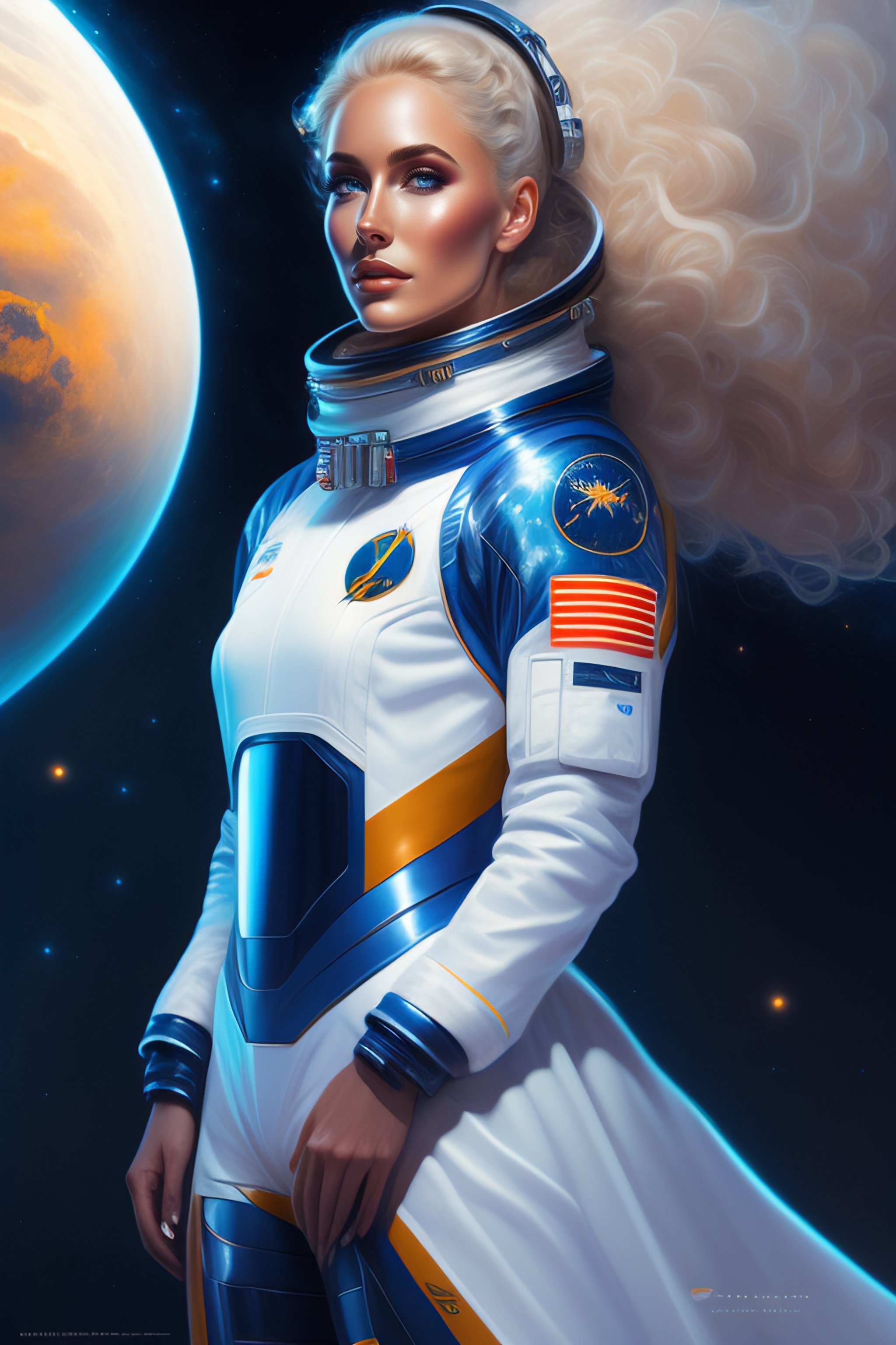 Lexica - Full length portrait of a young blonde woman as an astronaut, blue space suit ...