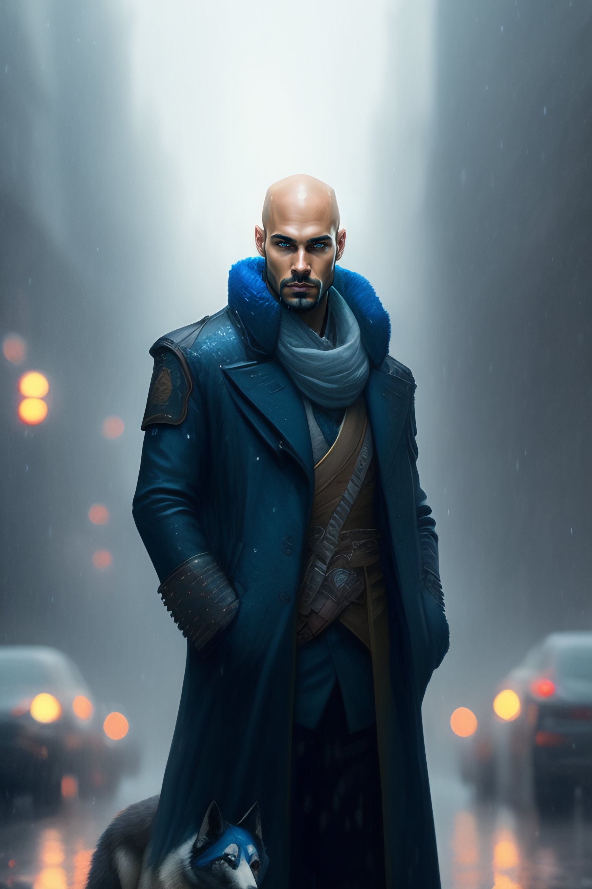 Lexica - Detailed illustration of a bald blue man with a wolf pack ...