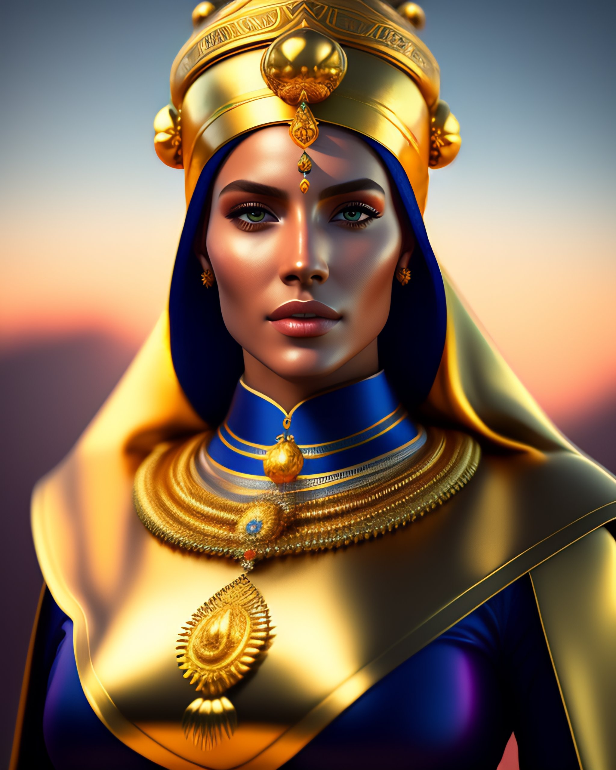 Lexica - ATHENA , goddess with golden skin with blue adornments, hijab, XF IQ4, f/1.4, ISO 200 ...