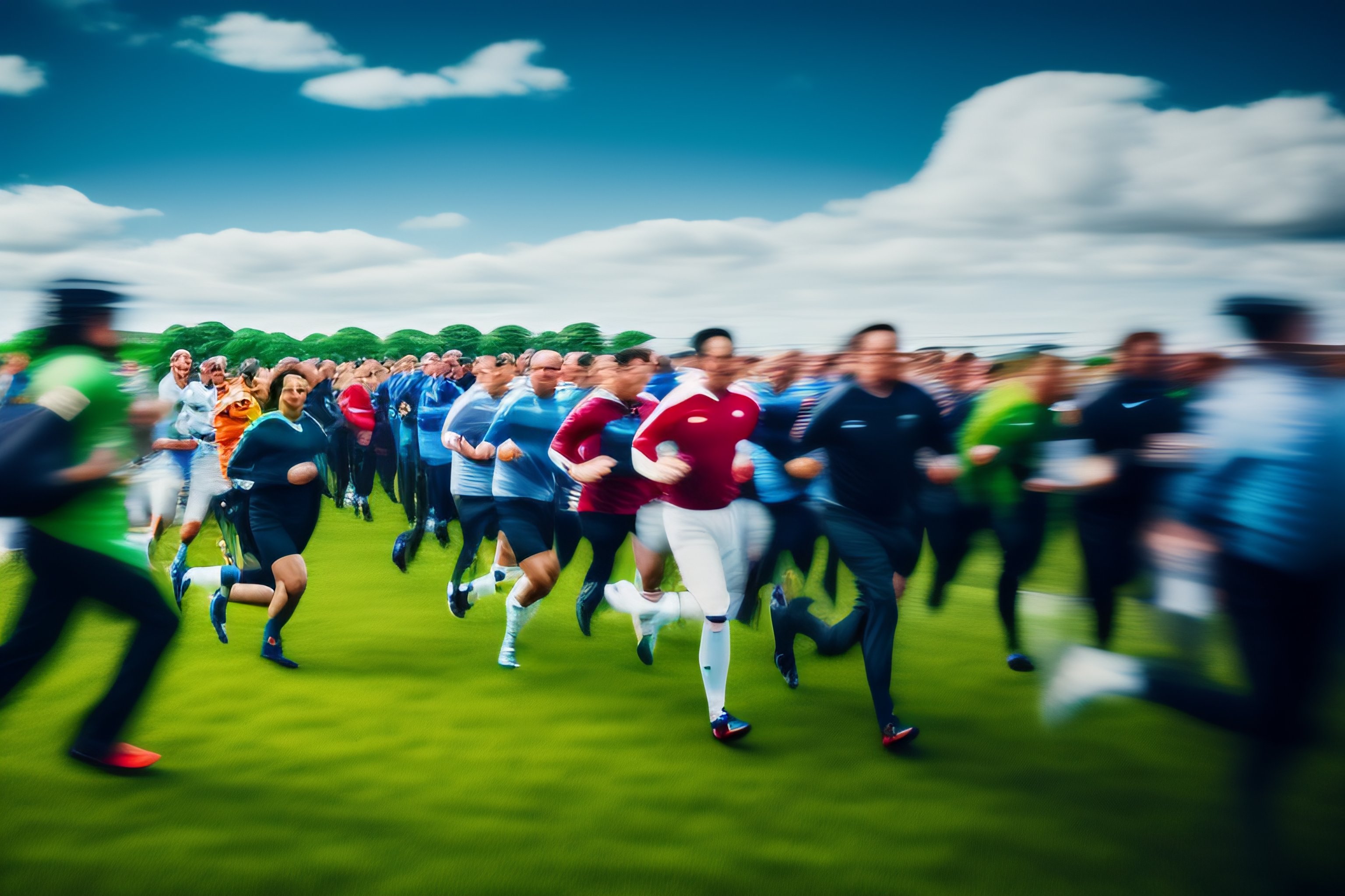 Lexica - Background full of people chasing, front view, green grass ...