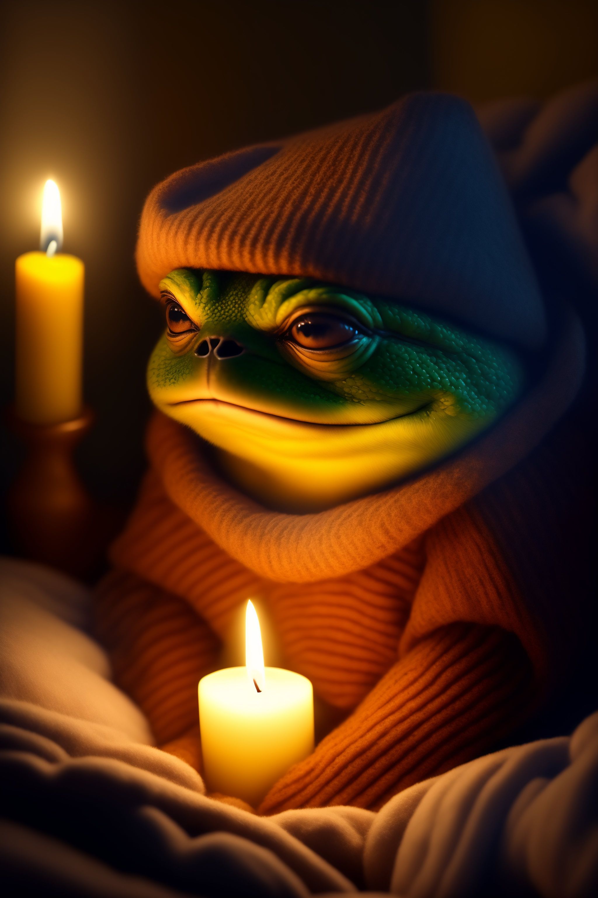 Lexica - An exhausted pepe the frog in his bed wearing a nightcap, cozy ...