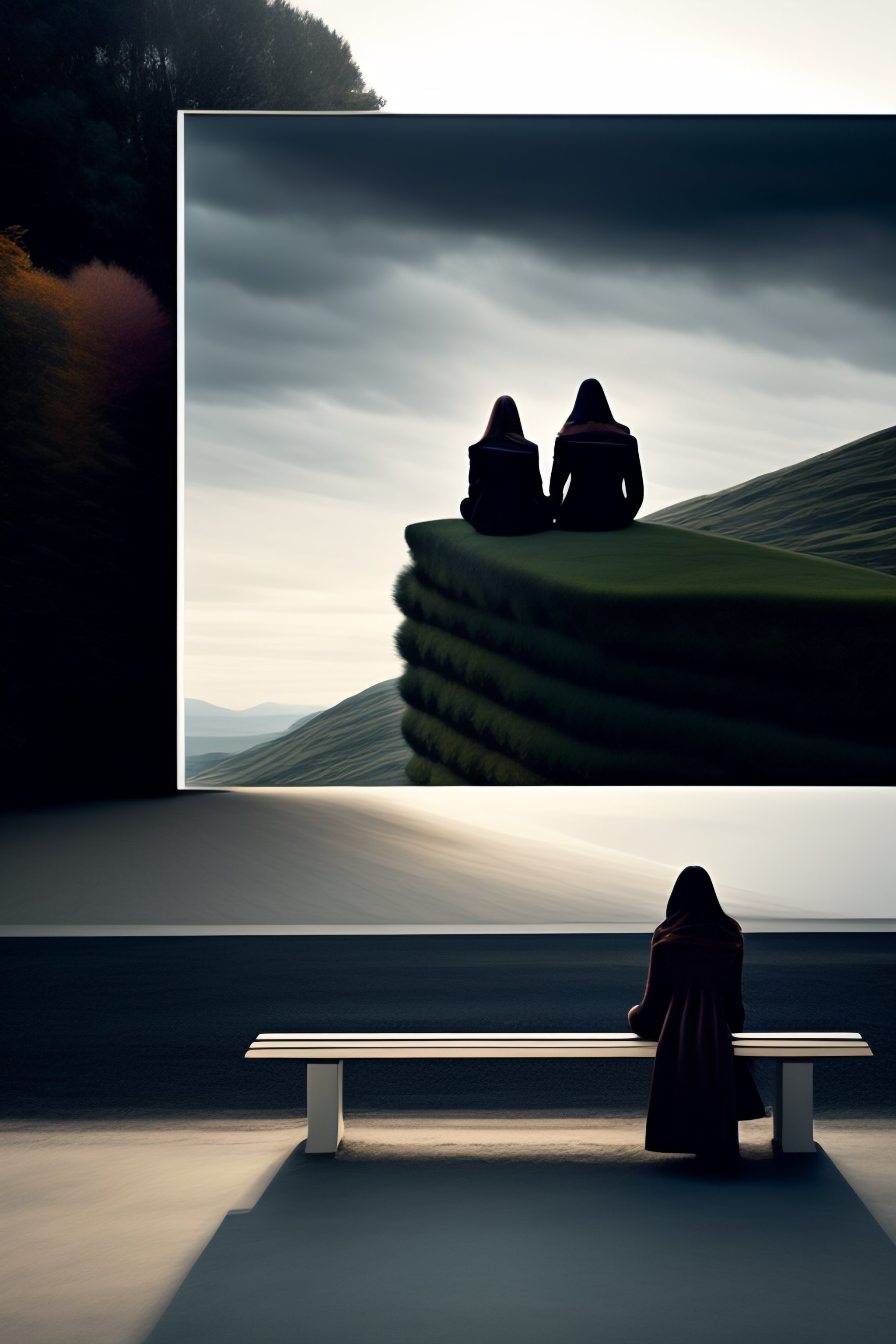 Lexica - Steven meisel landscape photography, two women on a bench ...