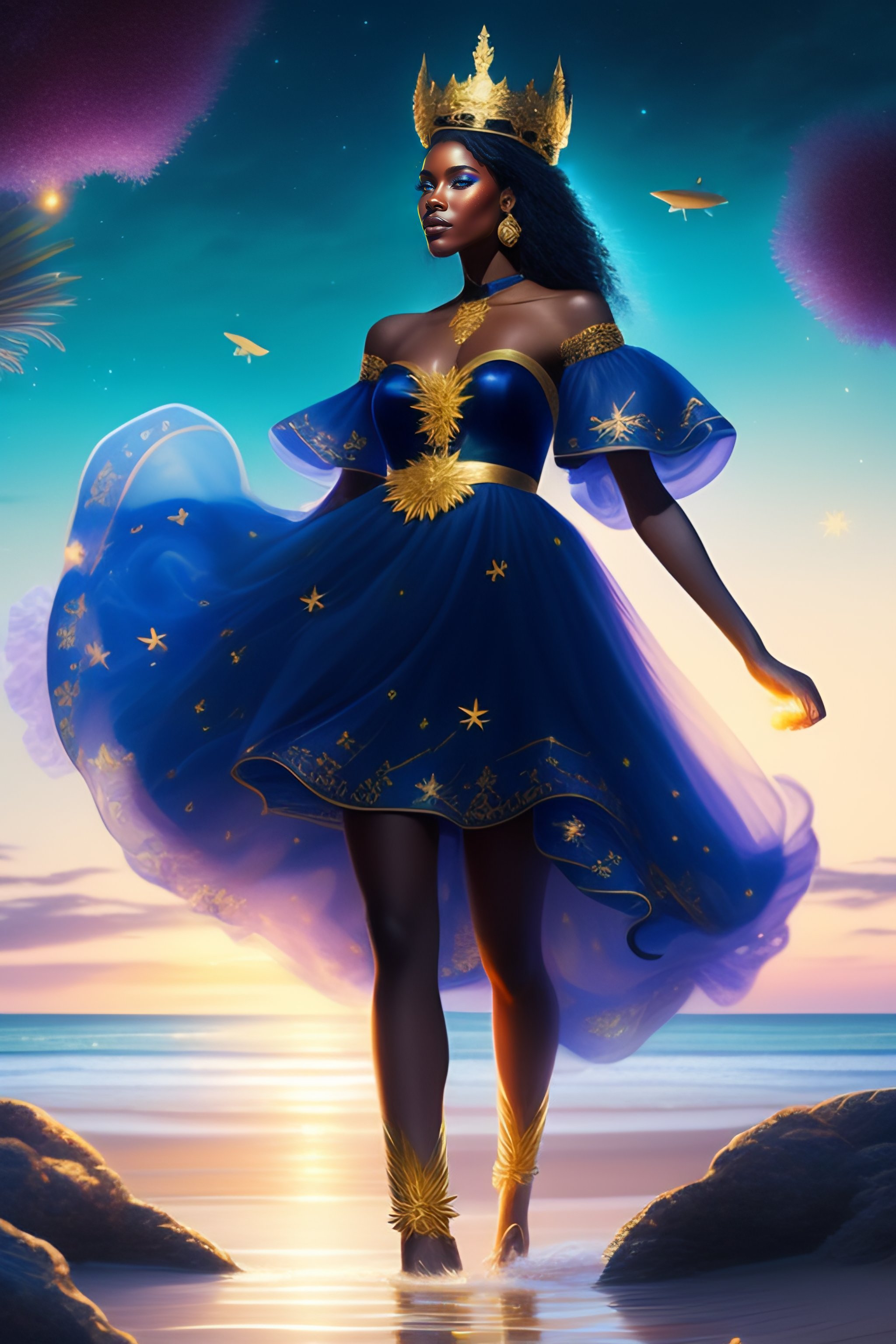 Lexica - Beautiful black princess wearing blue dress with gold crown ...