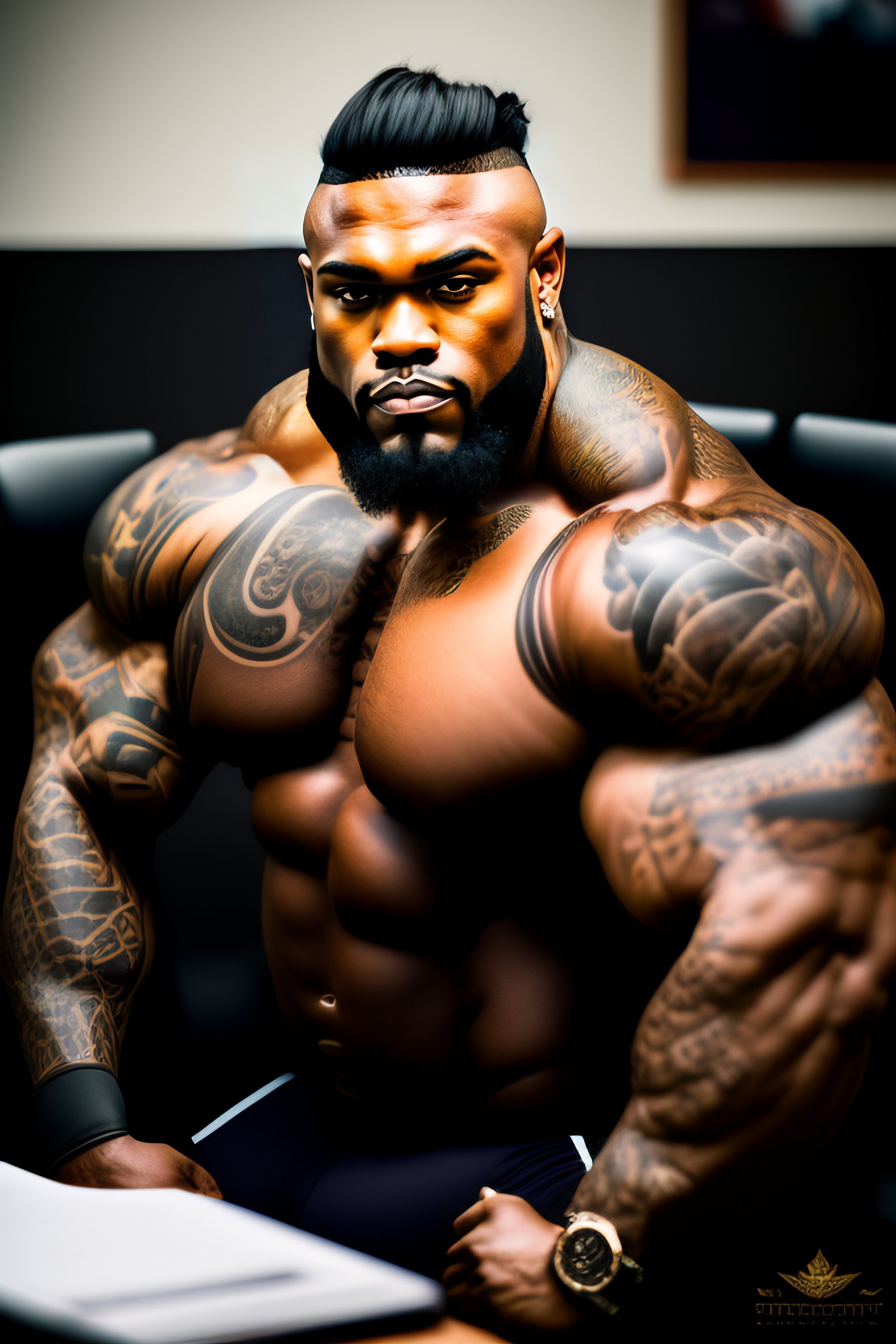 Lexica - Tattooed bodybuilder sitting behind a desk serm from behind