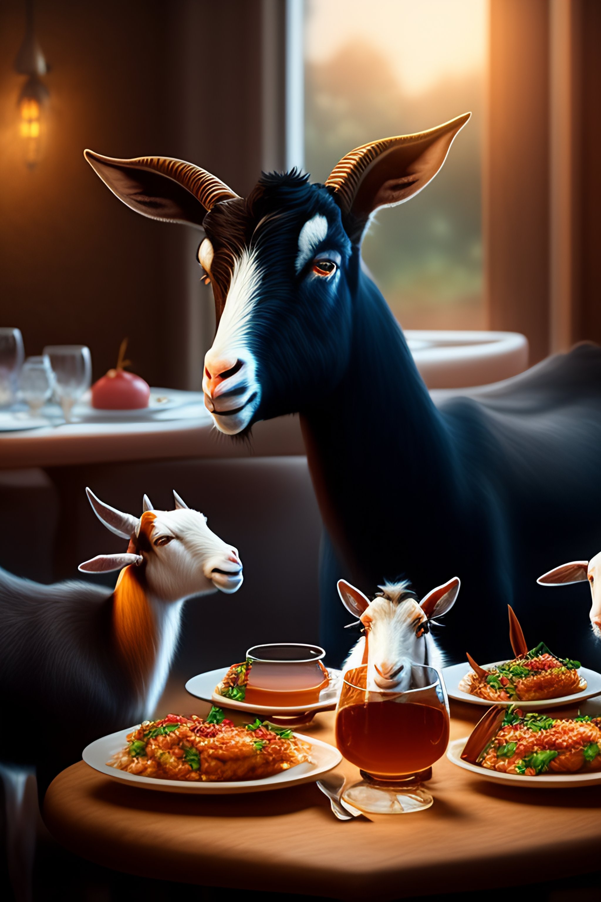 Lexica - A family of 4 goats having dinner around the table at new ...