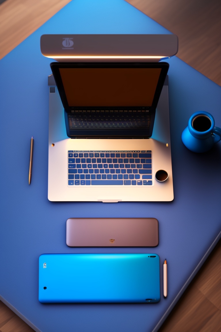 Lexica - A desk is seen from above with a coffee cup, laptop, and ...