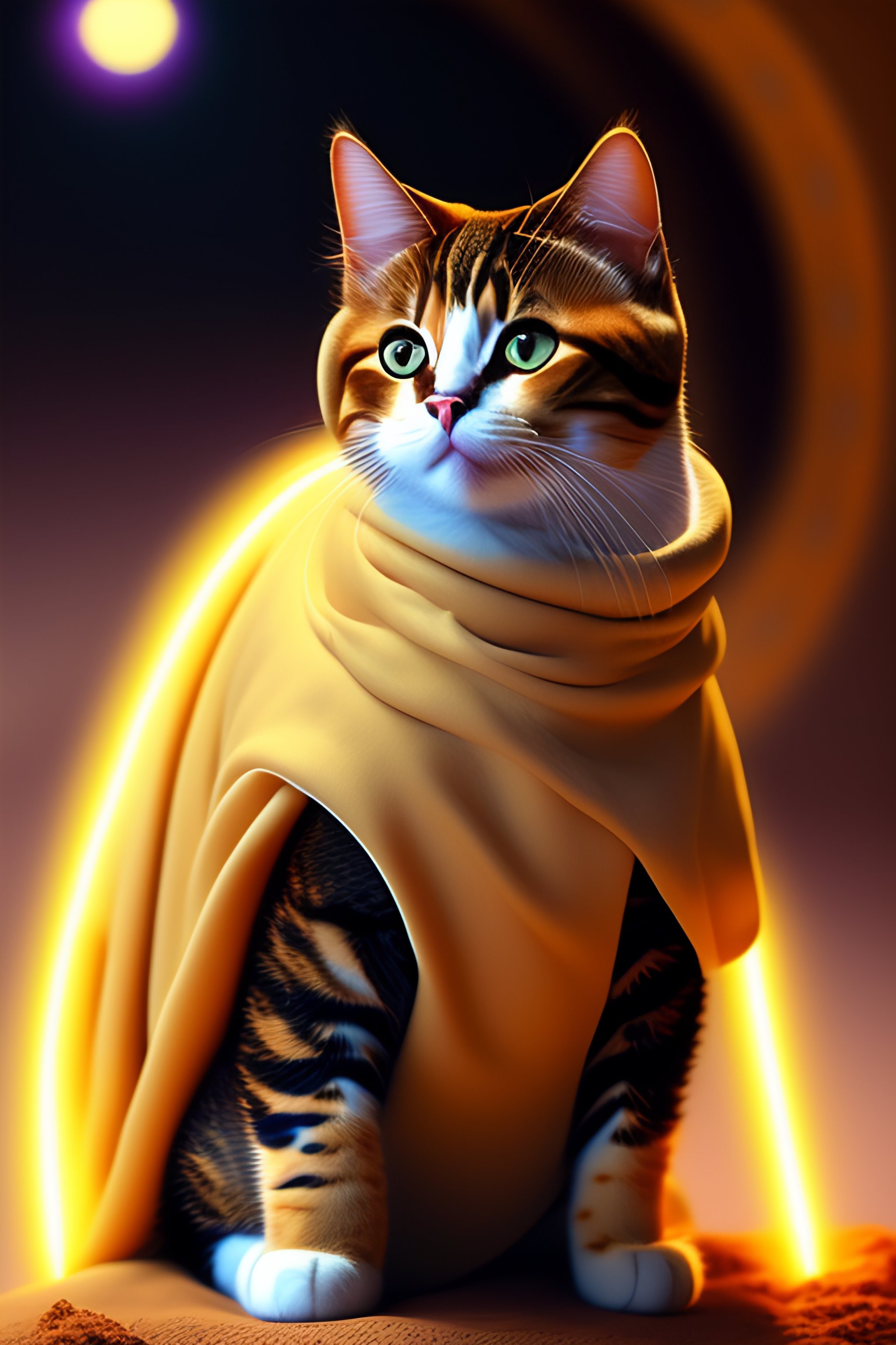 Lexica - Cute cat dressed as jedi, on Tatooine, episode 4, with lightsaver.