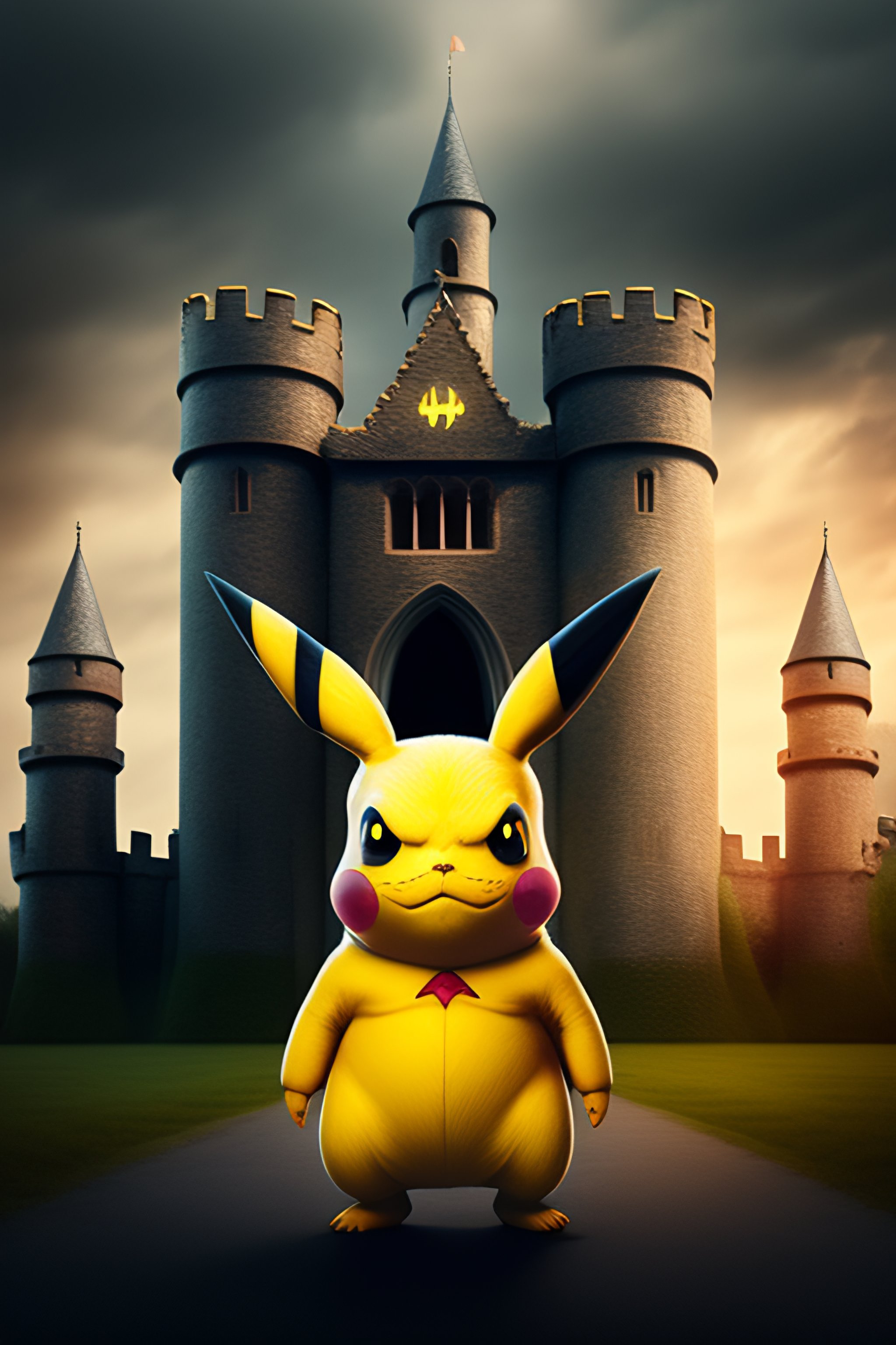 Lexica - A scary version of pikachu , standing in front of a giant castle