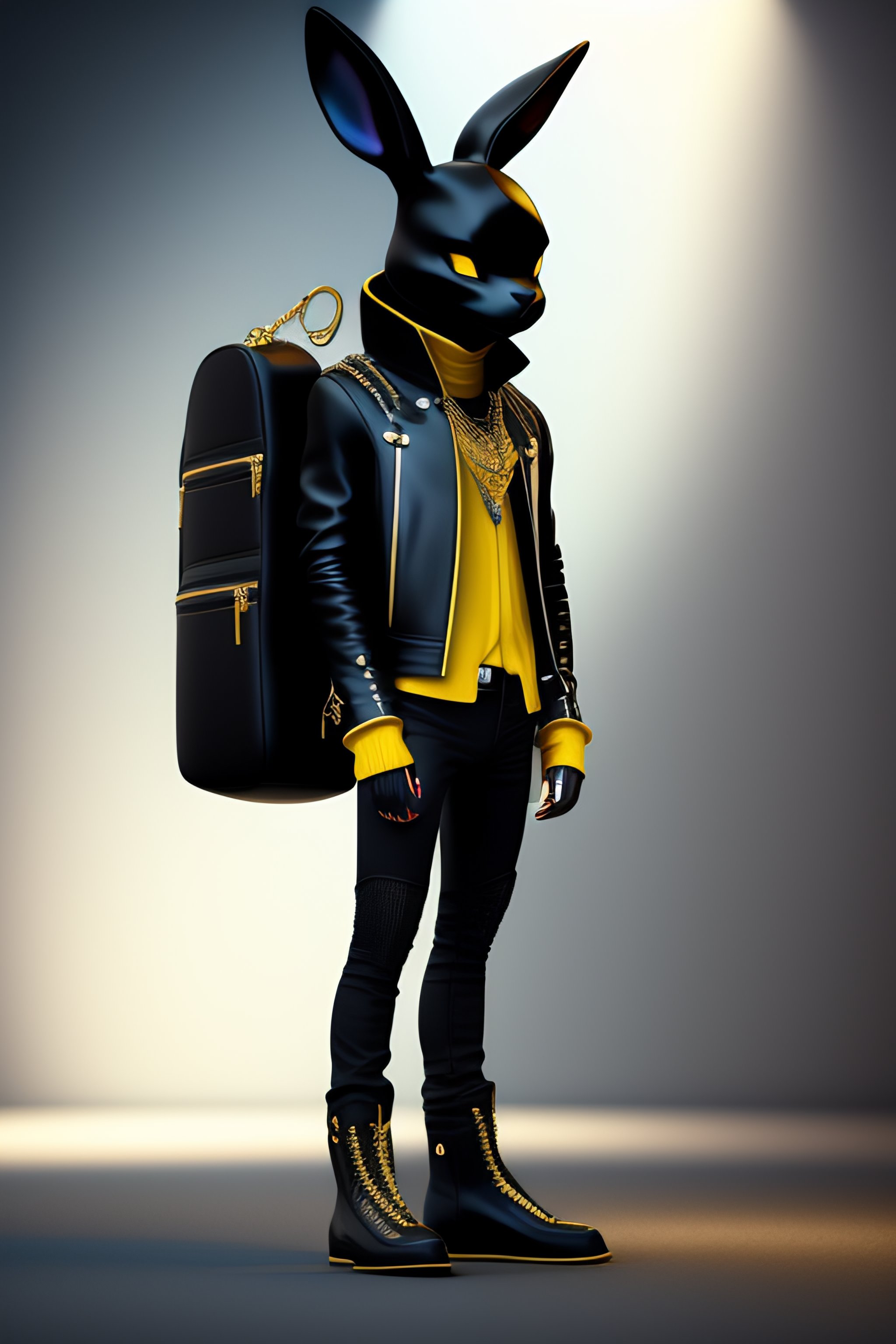 Lexica - Cartoon Black Humanoid Rabbit with large white eyes leather ...