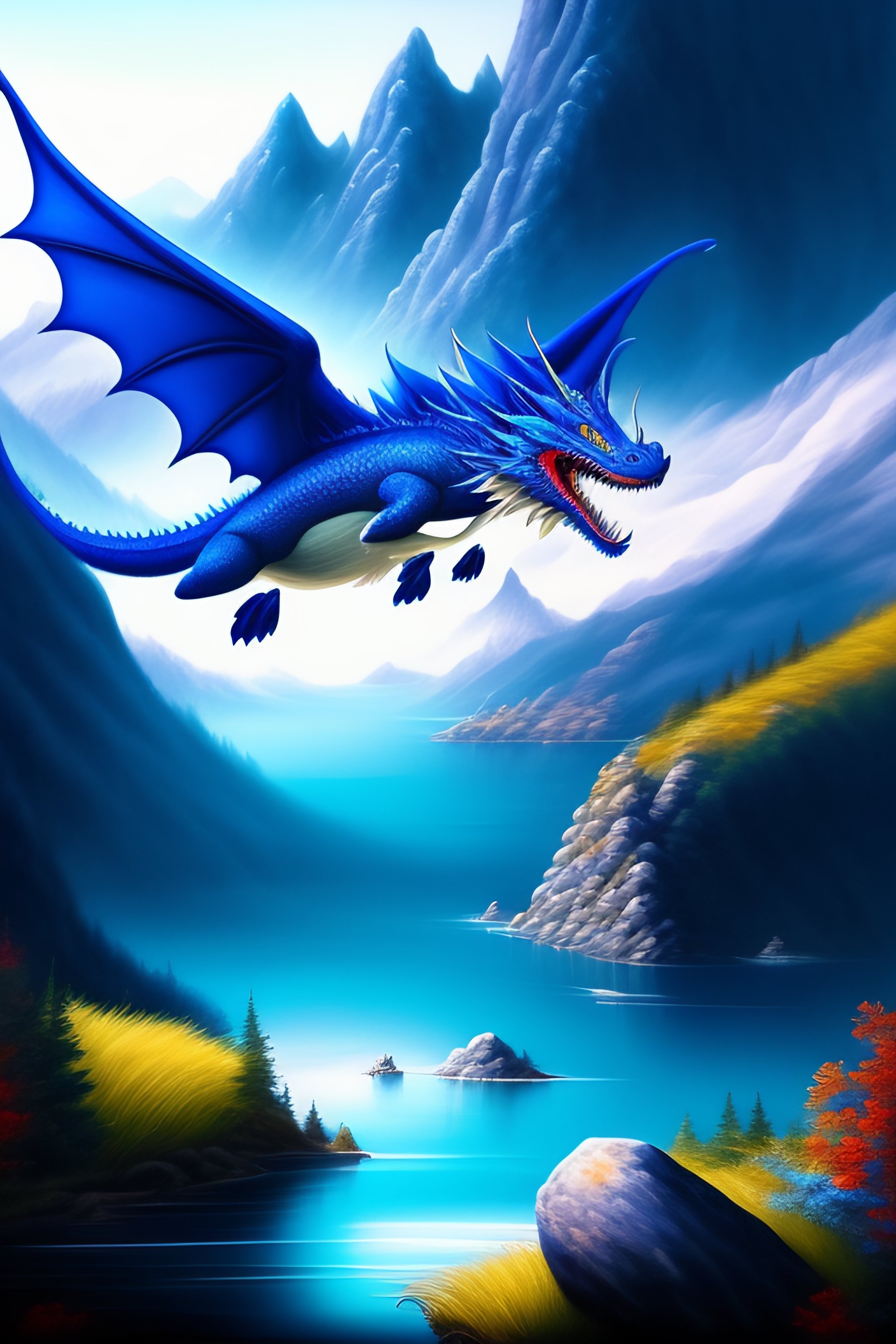 Lexica - Blue dragon soaring through the mountains realistic realism