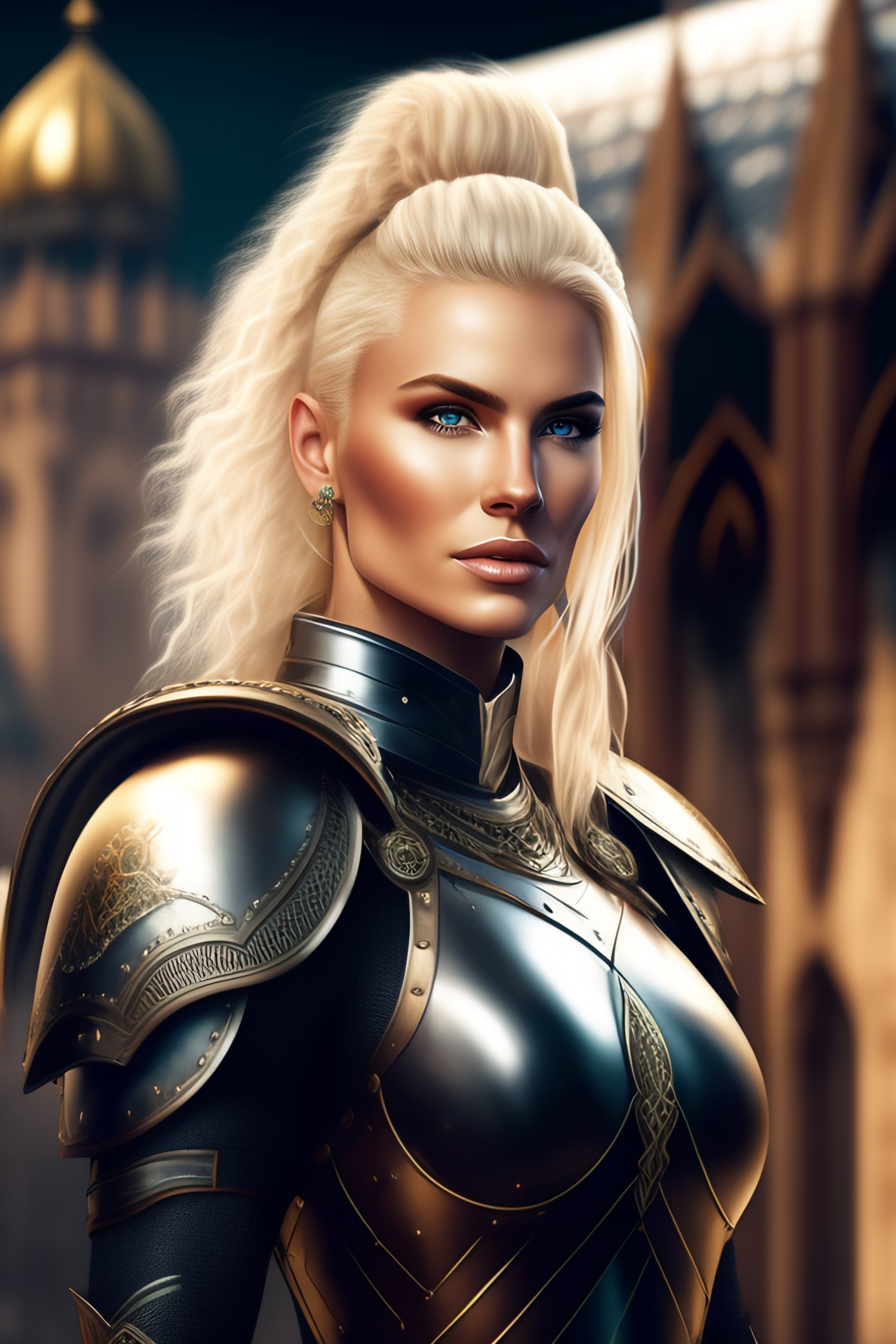 Lexica - White female warrior blonde hair with metal full body armour, overlooking a gothic ...