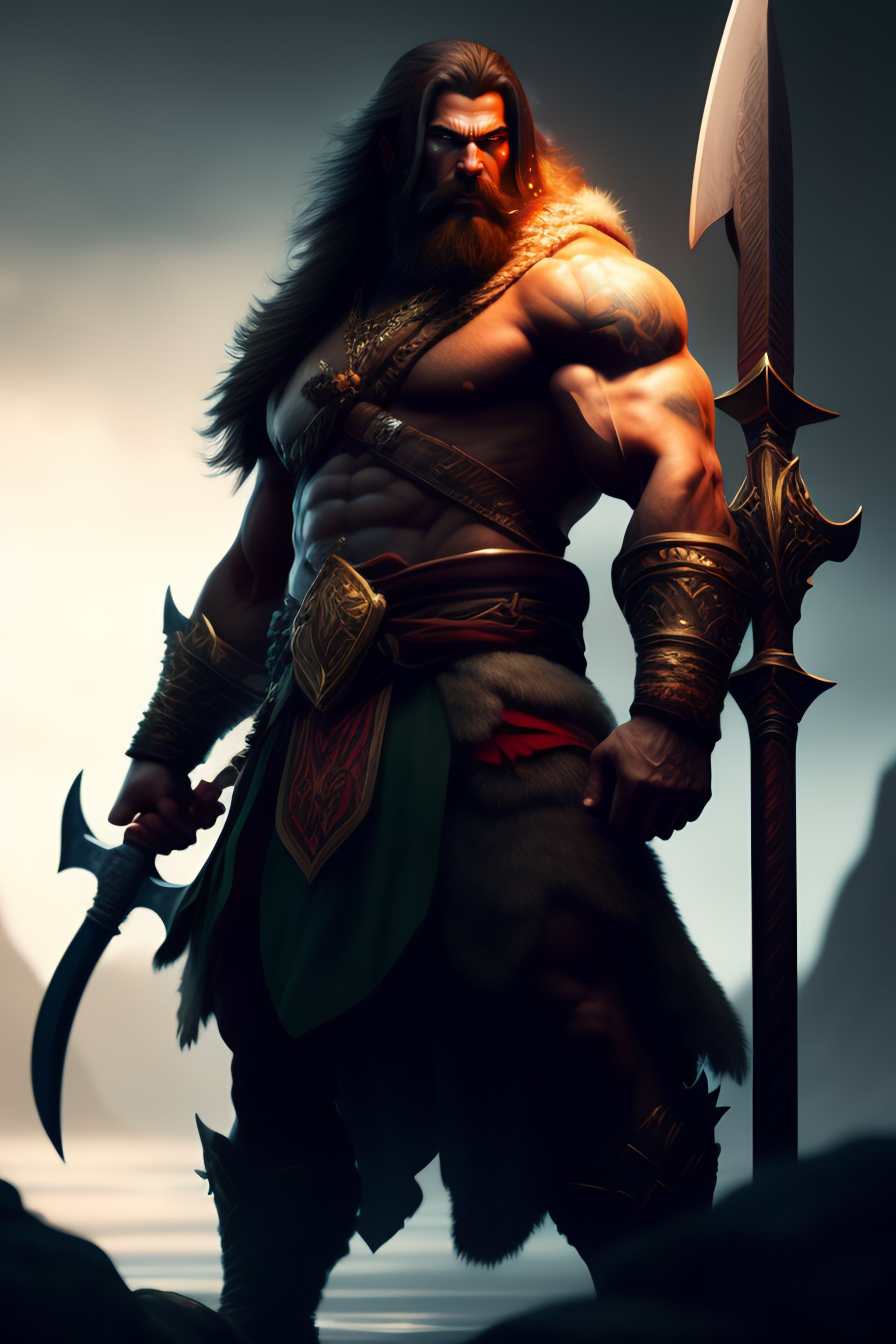 Lexica - A strong barbarian holding a double axe, Full body shot ...