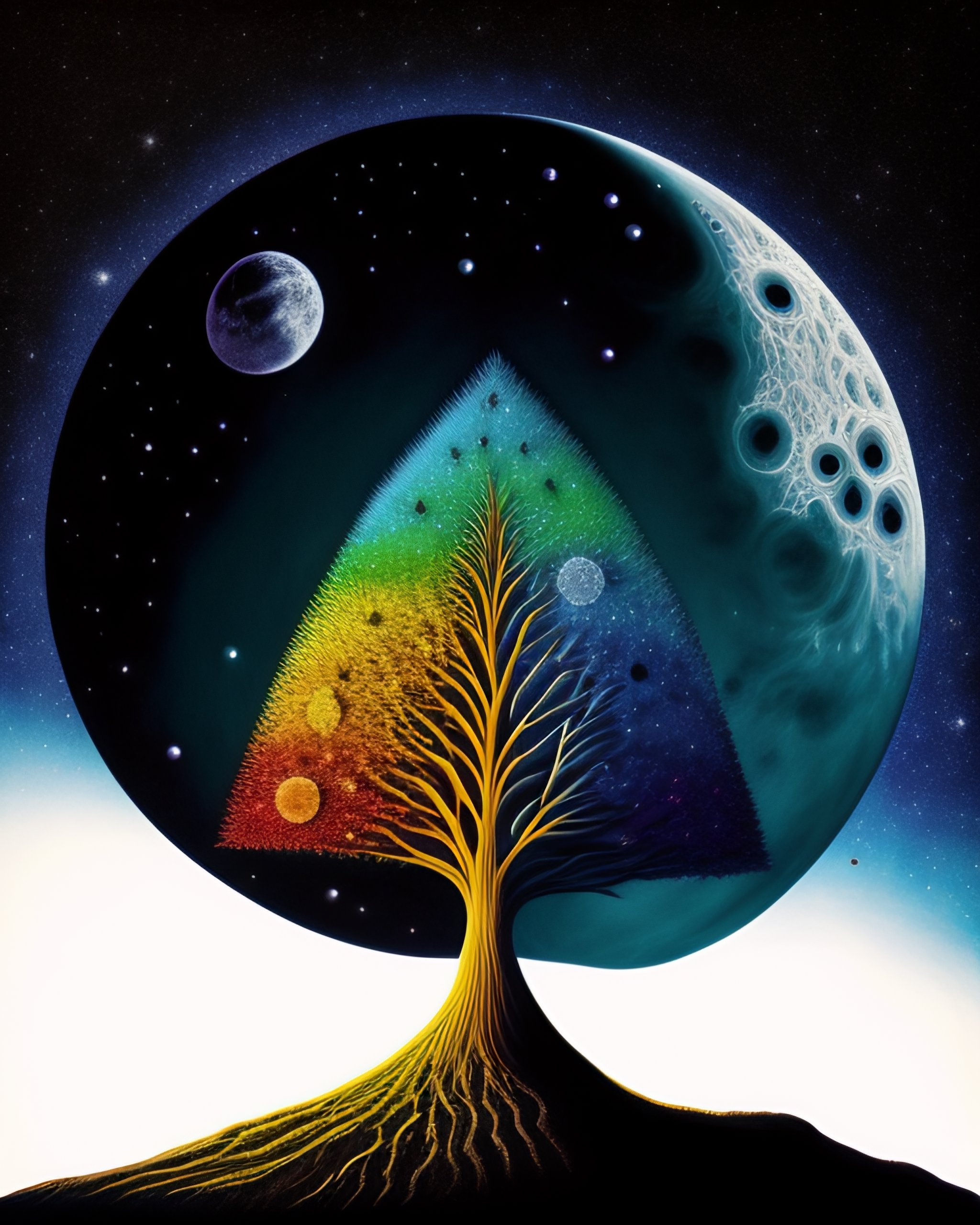 Lexica - Pen drawing of a tree on the moon, outer space, rainbow colors ...