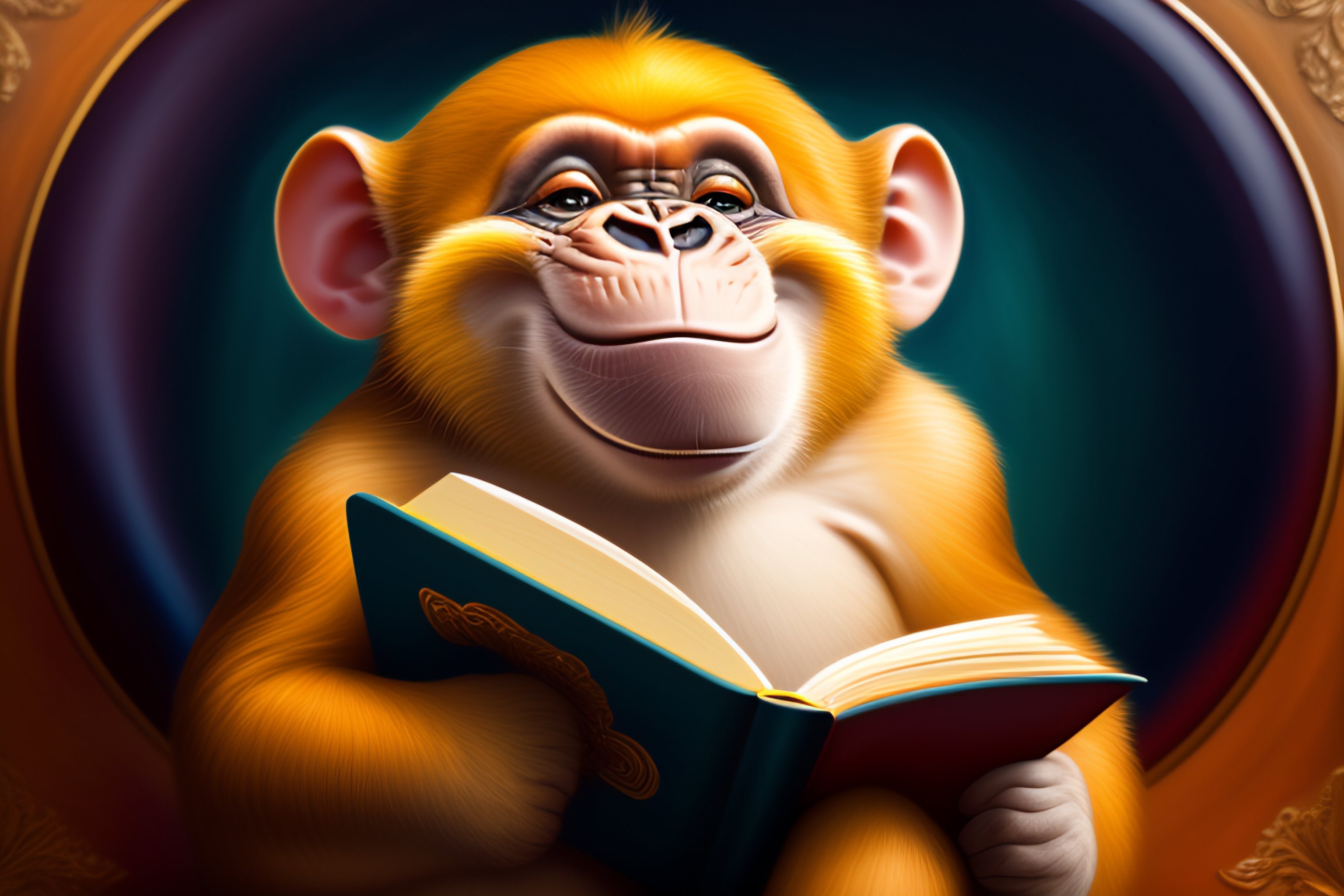 Lexica - Art In the style of 90's vintage of a funny smiling monkey reading a book