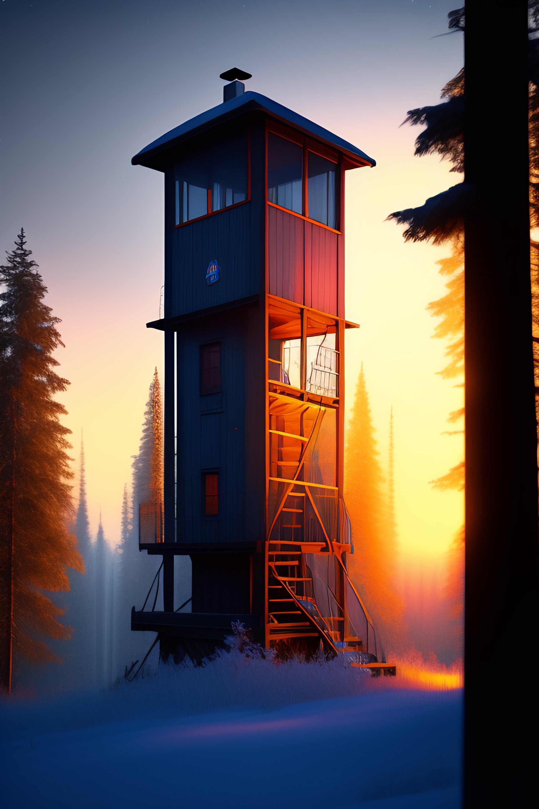 Lexica - A firewatch tower in the middle of the forest, in the night ...