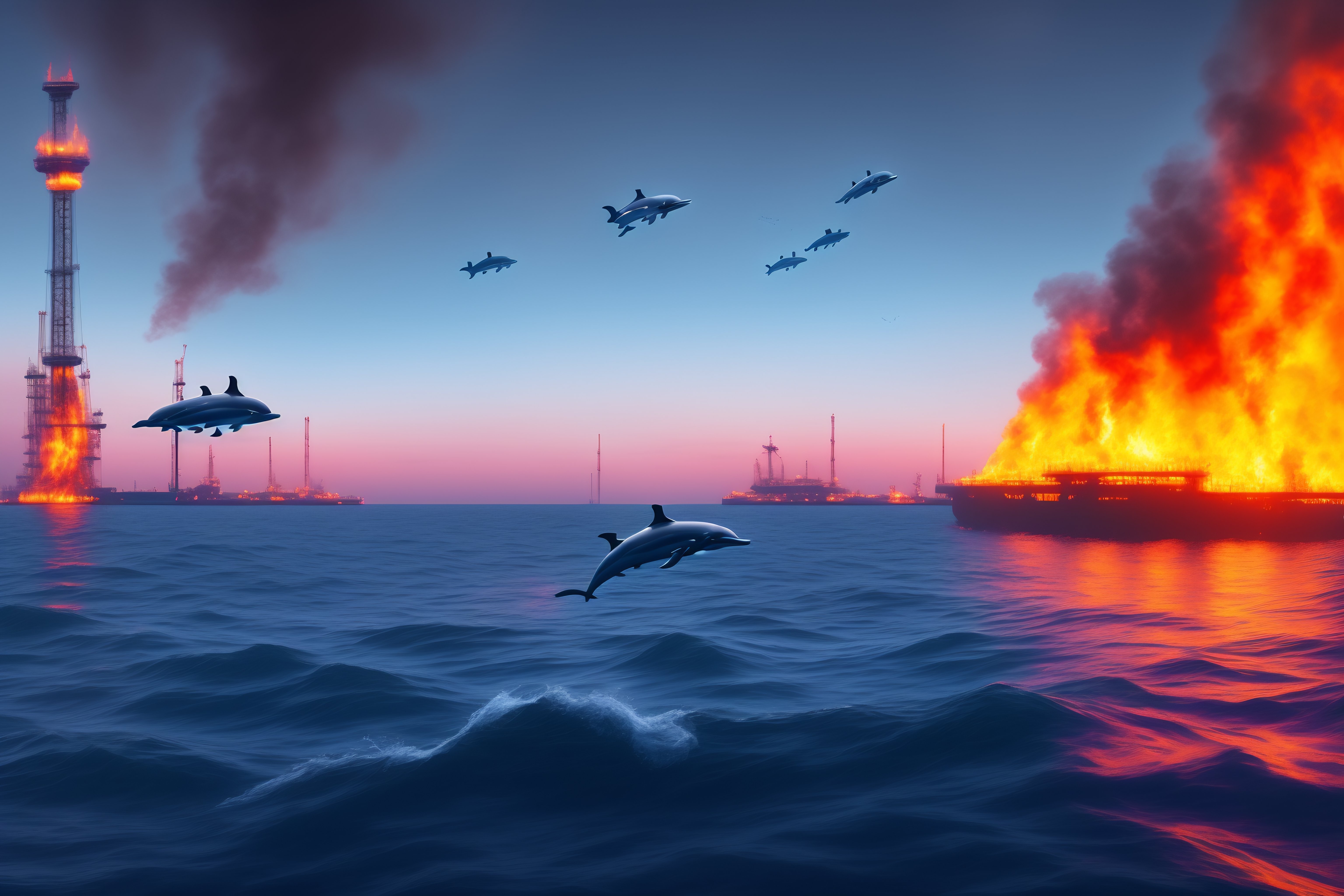 Lexica - A dolphin swimming in a sea by night, flames and burning oil ...