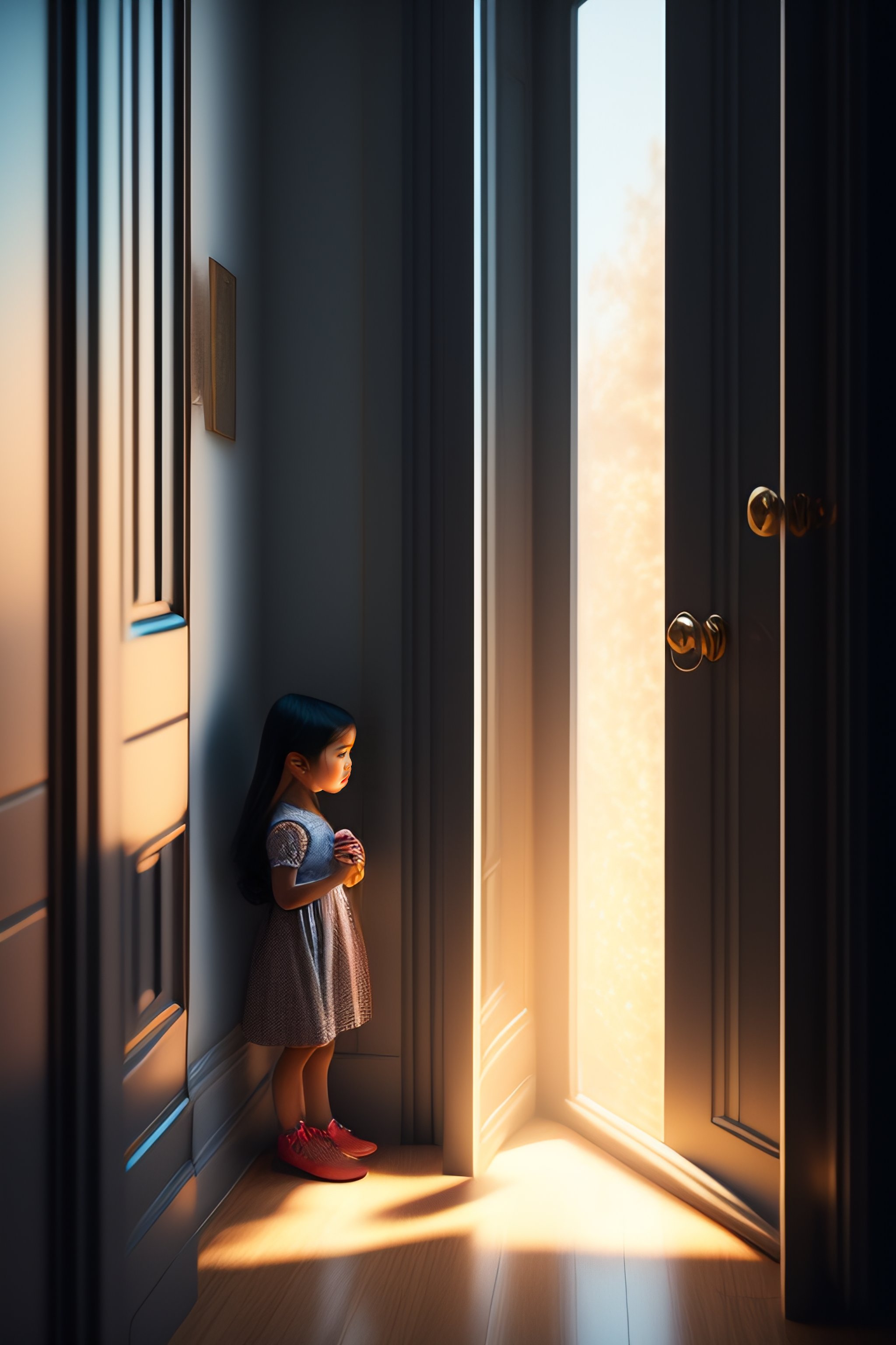 Lexica - Photo of a tall 10 years old beautiful girl stuck inside a ...