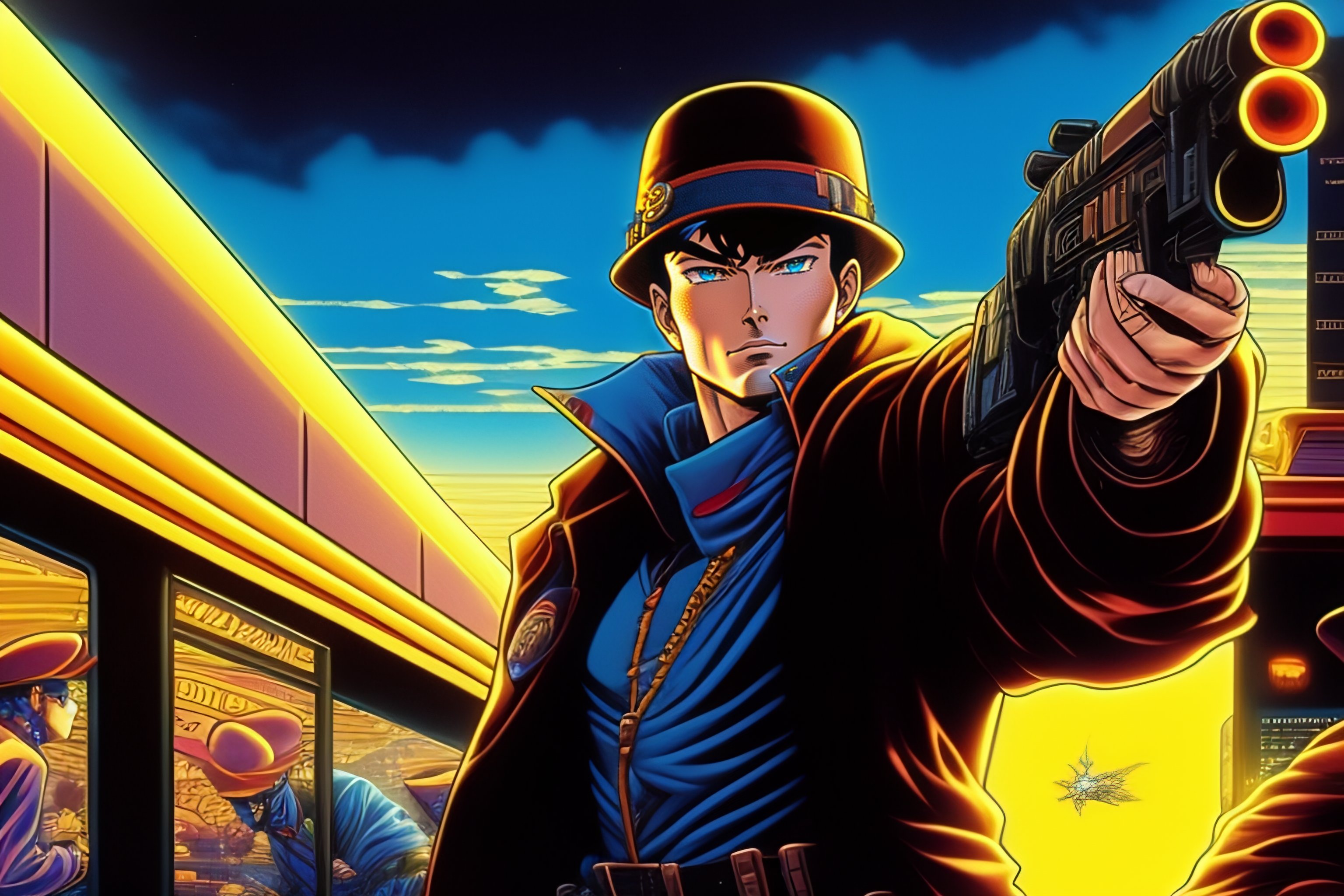 Lexica - Vintage 90's anime style environmental wide shot of a robber ...