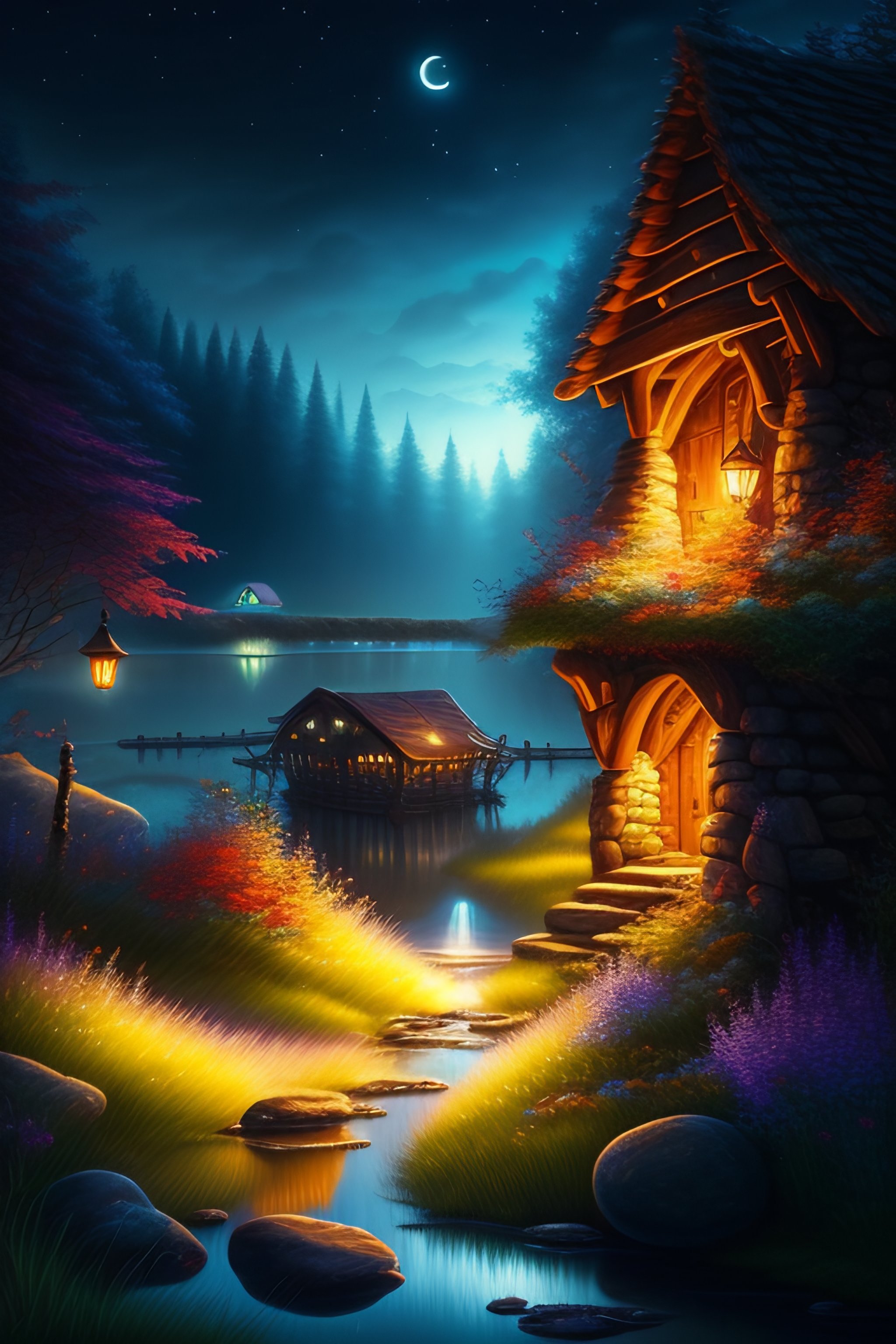 Lexica - Painting, high detail, woodland village, in the night, fantasy ...