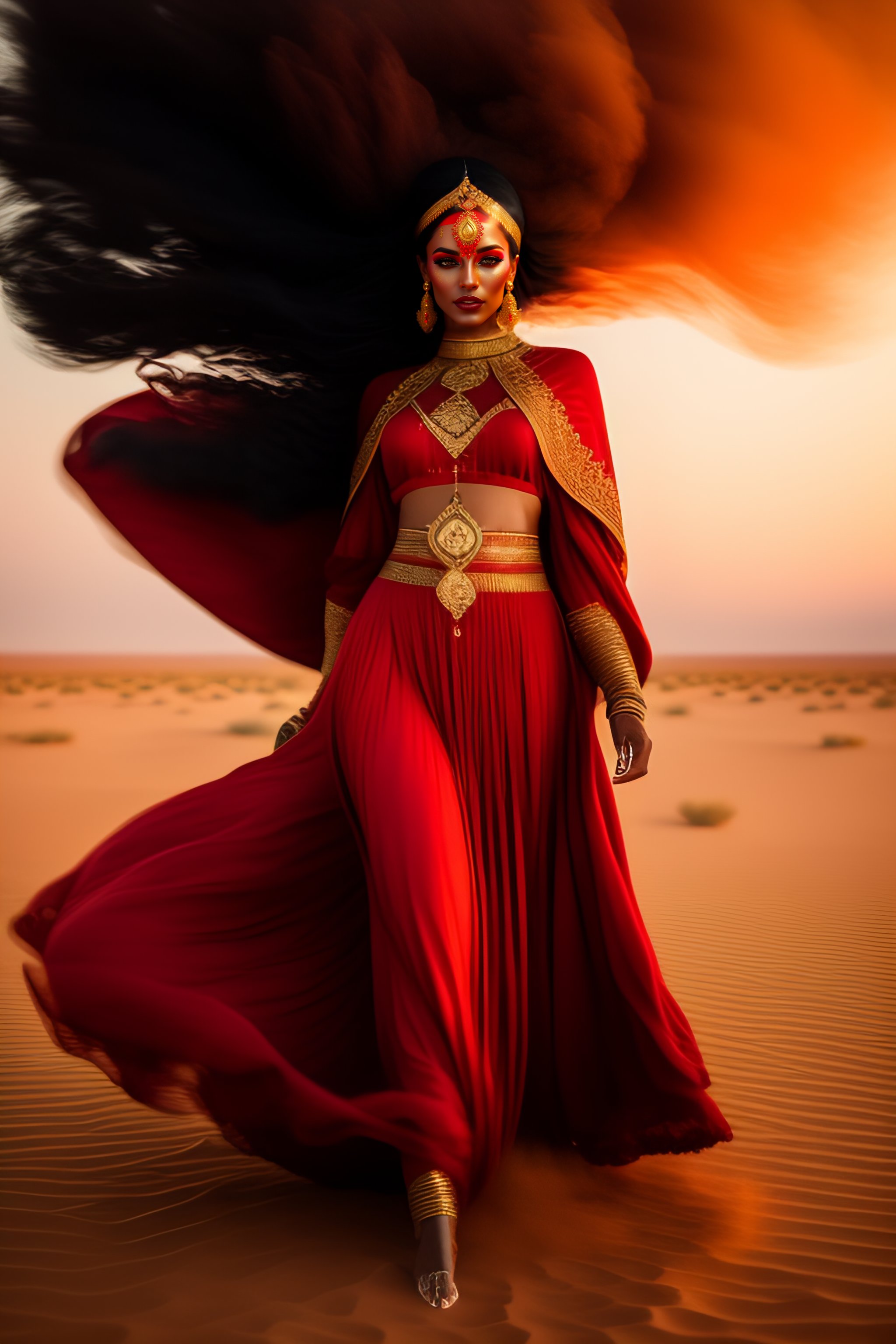 Lexica - Beautiful arabian woman wearing red and gold dress and black ...