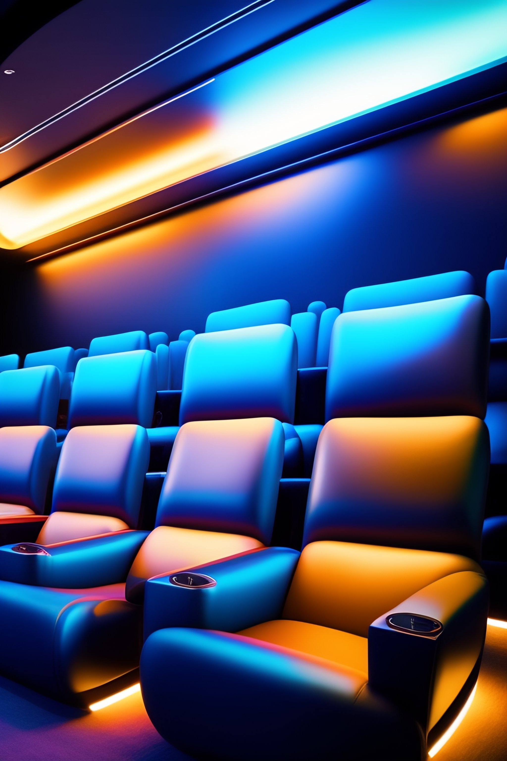 Lexica - Futuristic movie theater ((screen)), sky blue leather seats ...