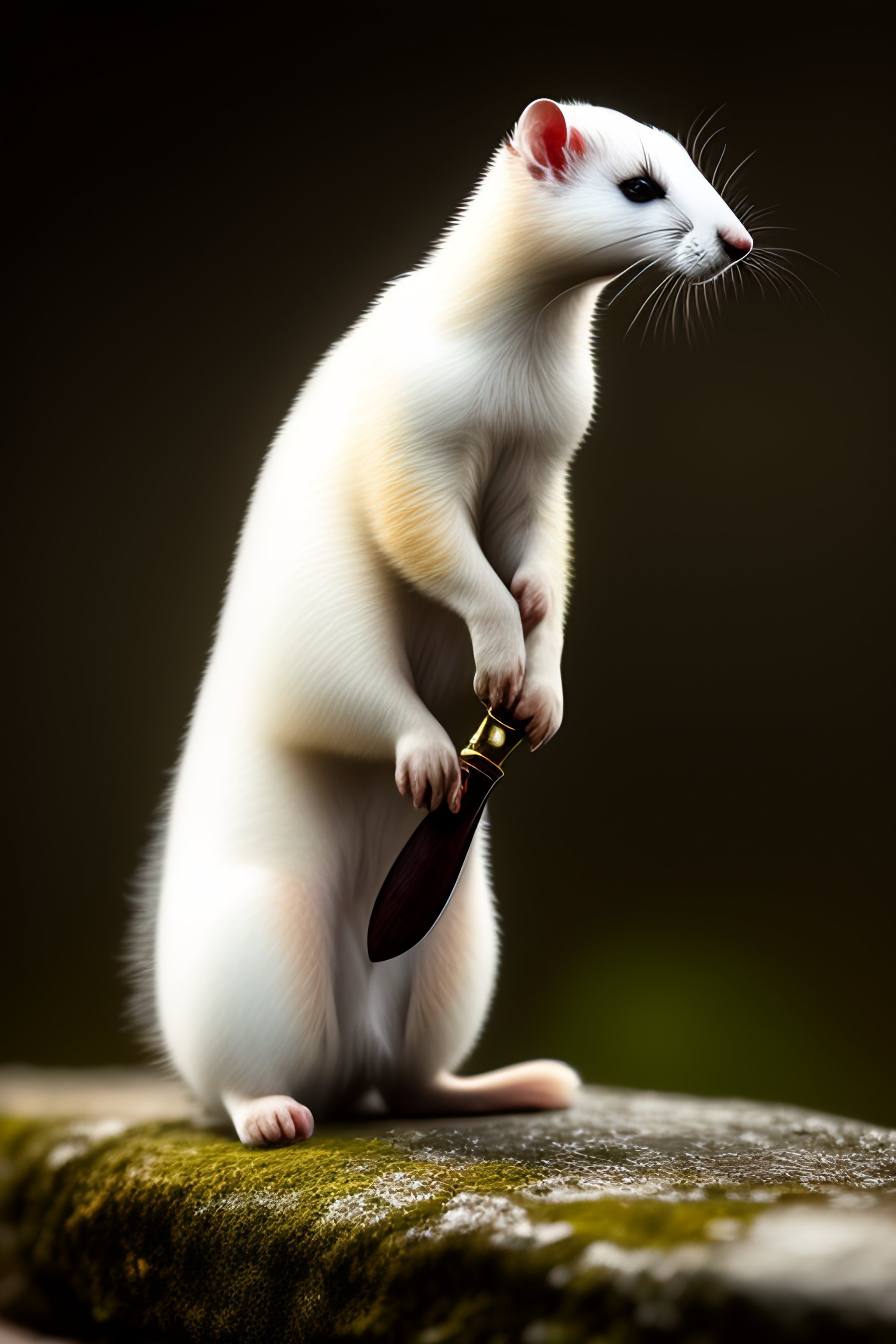 Lexica - Angry white stoat in lying position with one paw on a dagger